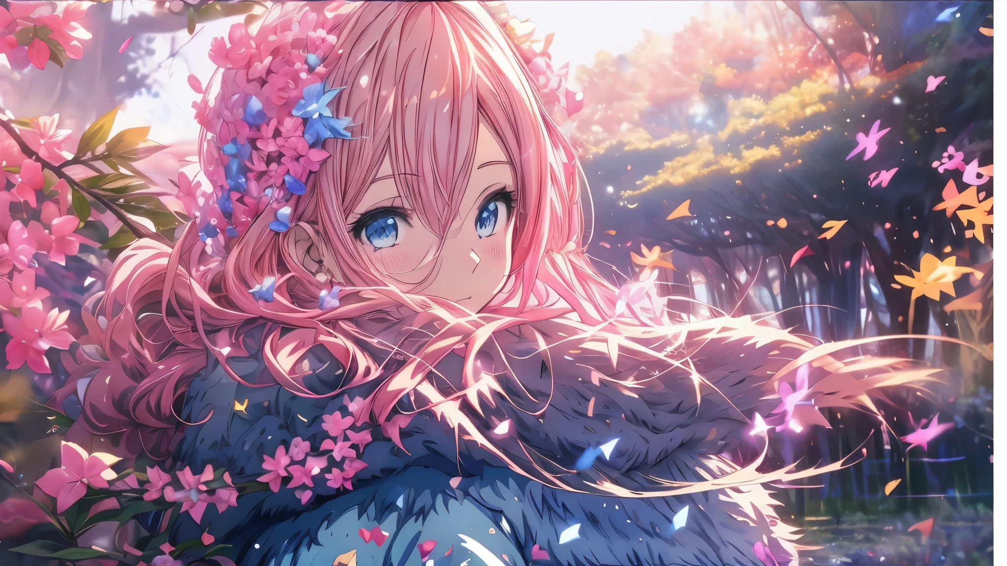 Anime girl with pink hair and blue eyes in a garden - SeaArt AI