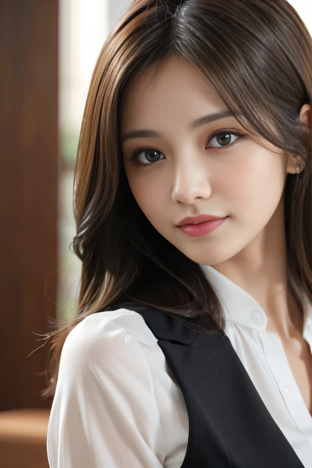 A close up of a woman wearing a white shirt and black vest - SeaArt AI