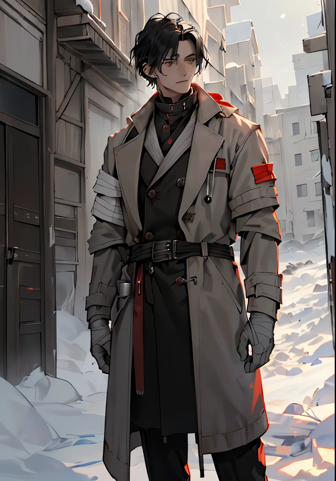 Anime character in trench coat standing in snowy city street - SeaArt AI