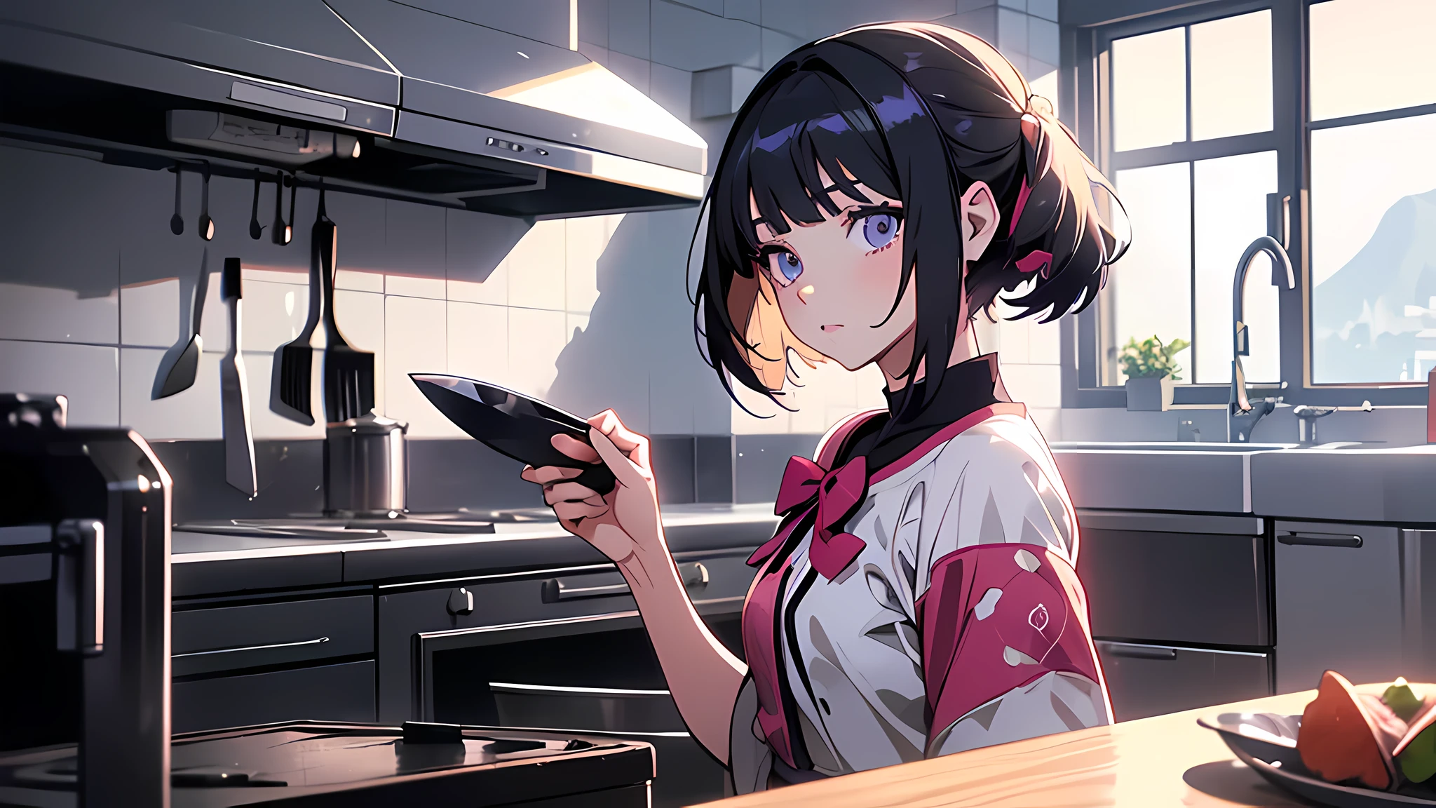 Anime girl holding a frying pan in a kitchen with a plate of fruit ...