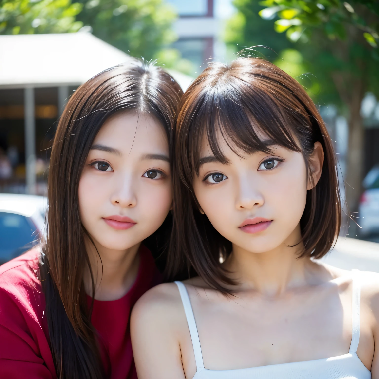 Two Asian Women Posing For A Picture In A City Seaart Ai