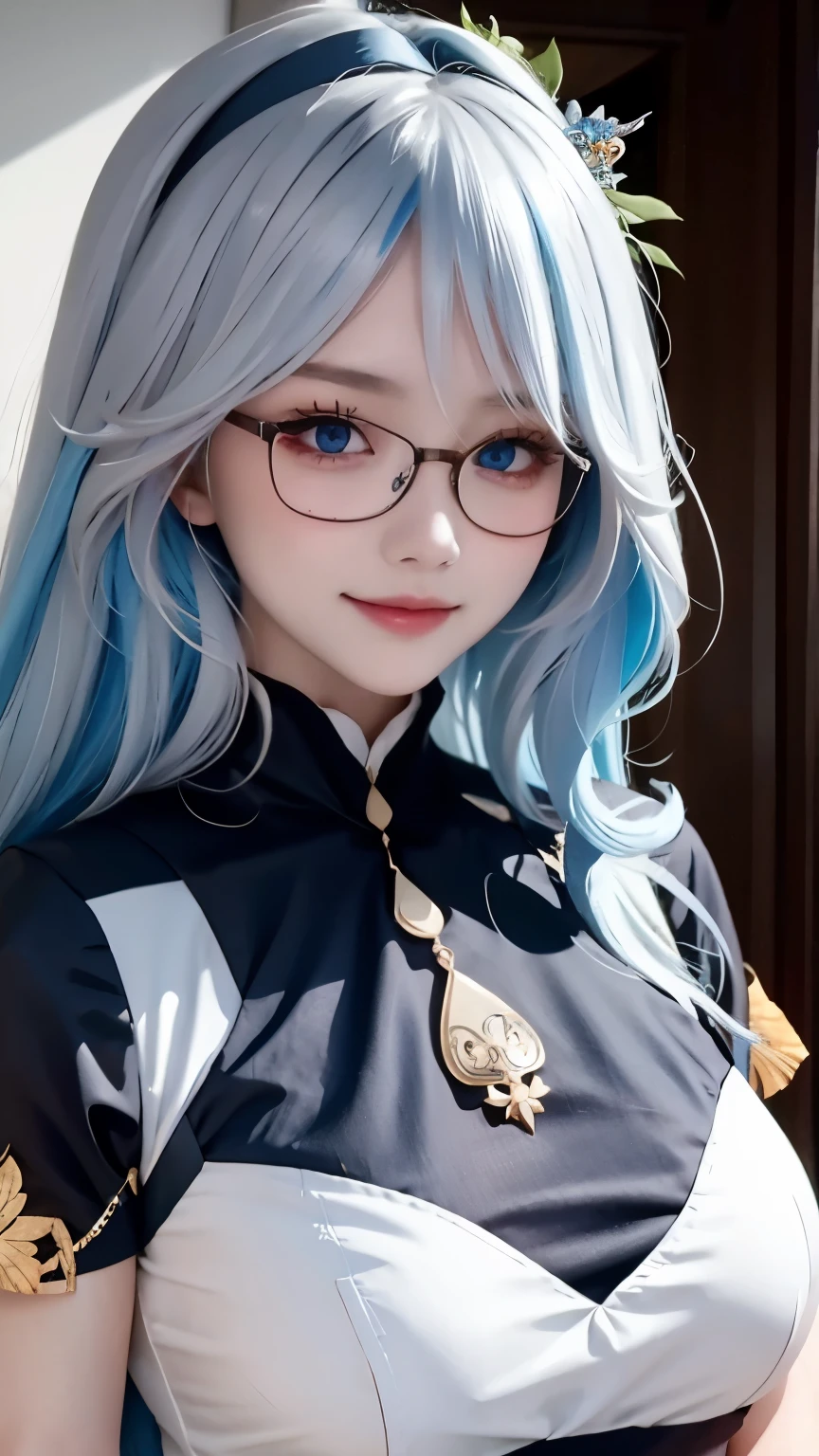 A close up of a woman with blue hair and glasses - SeaArt AI