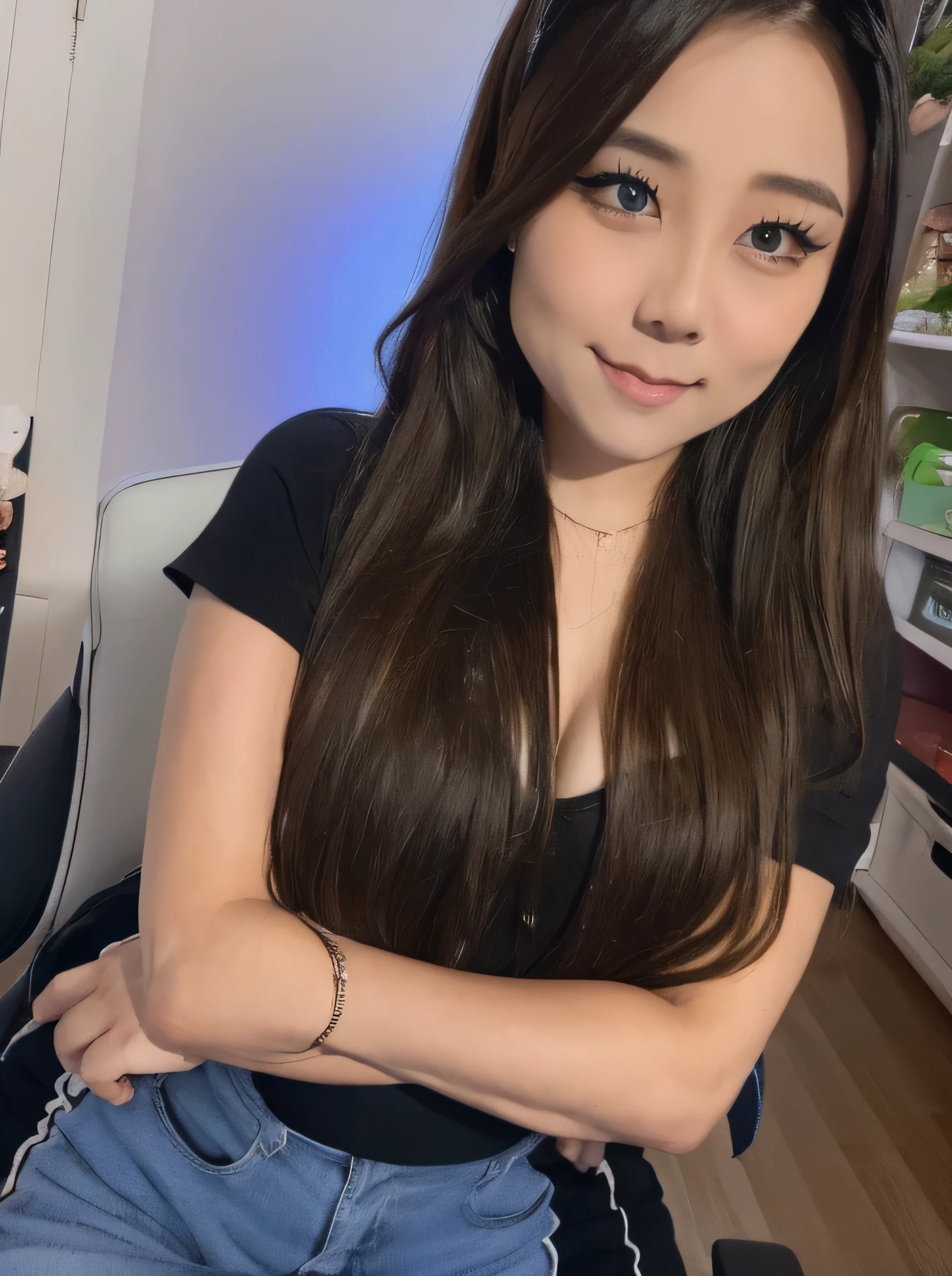 A close up of a woman sitting in a chair with her arms crossed - SeaArt AI