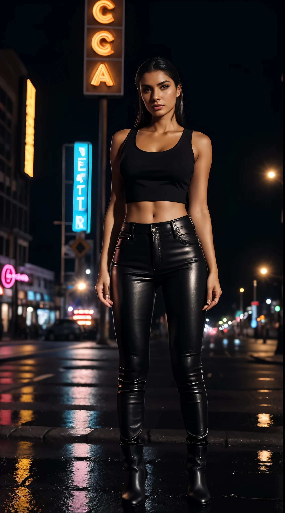 Arafed woman in black top and leather pants standing on street corner ...