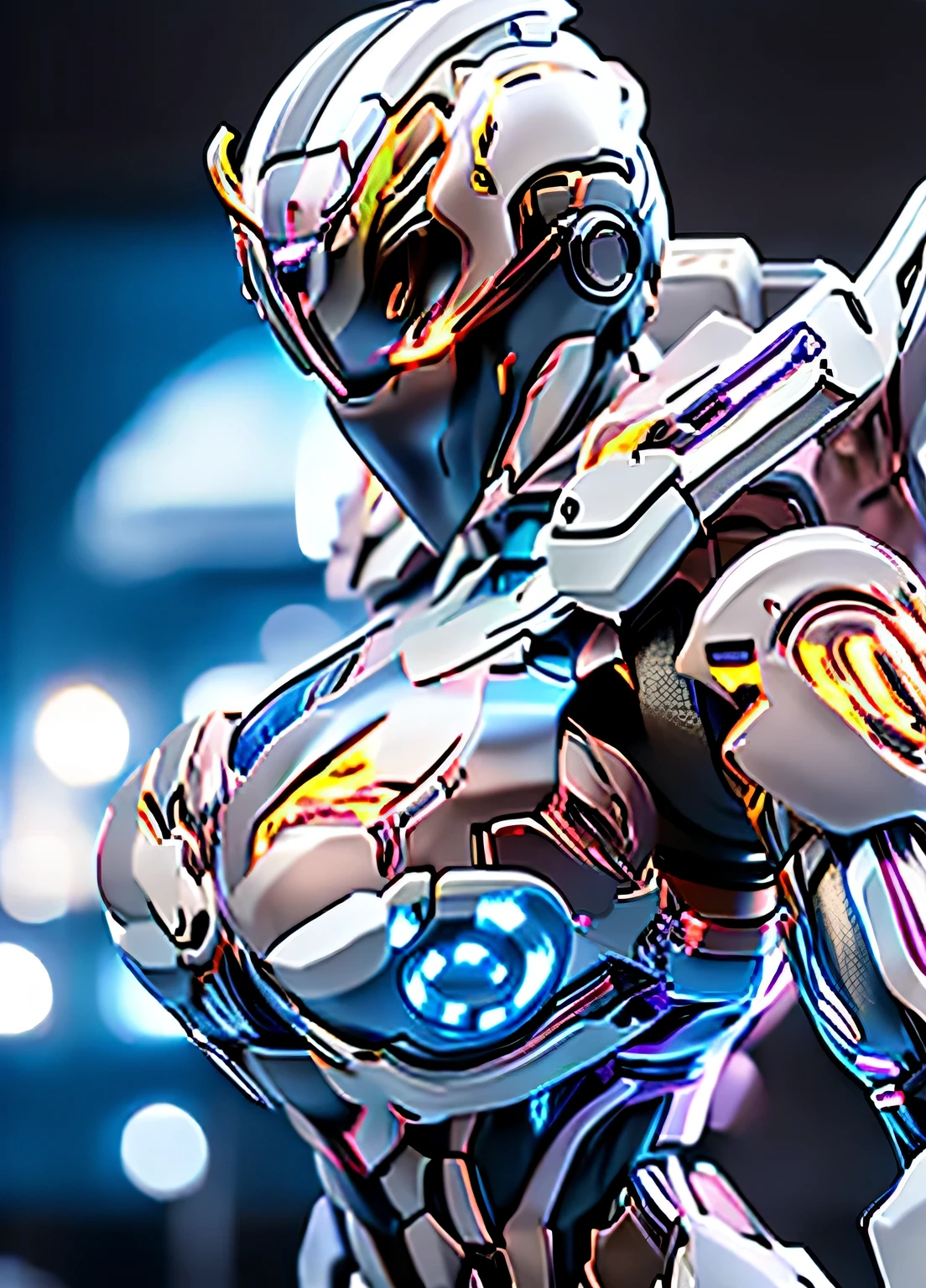 A close up of a robot with a glowing body and a helmet - SeaArt AI