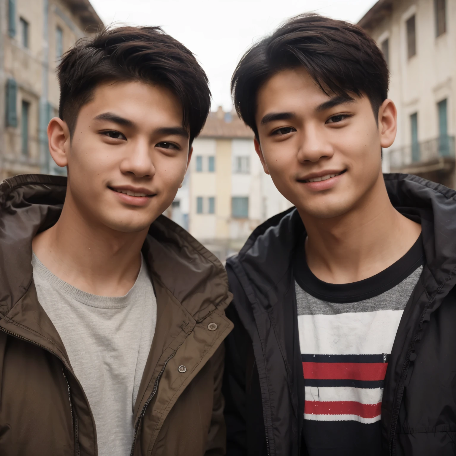 Two asian men standing next to each other in a city - SeaArt AI