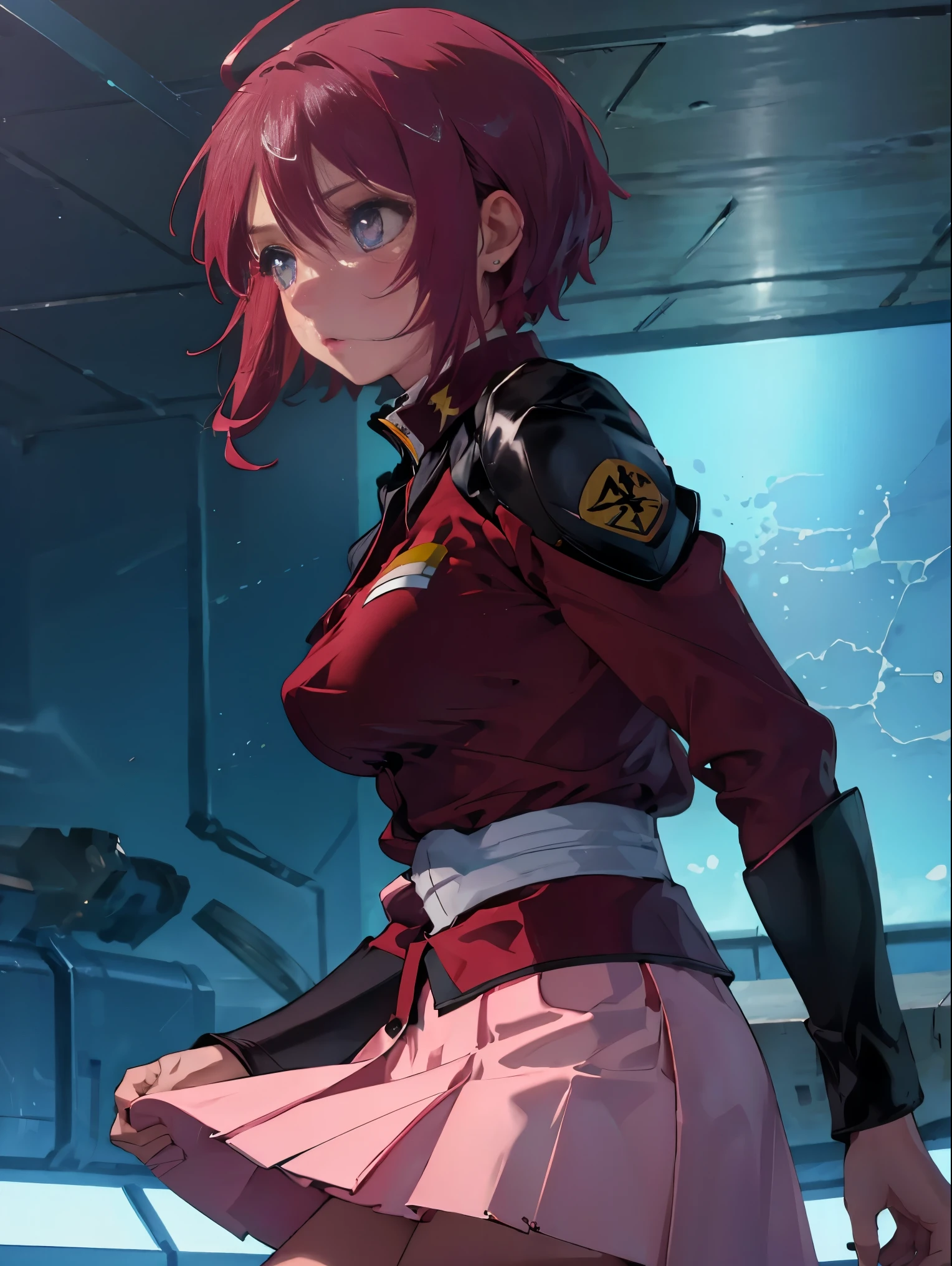 A woman in a short skirt and a red shirt standing in a room - SeaArt AI
