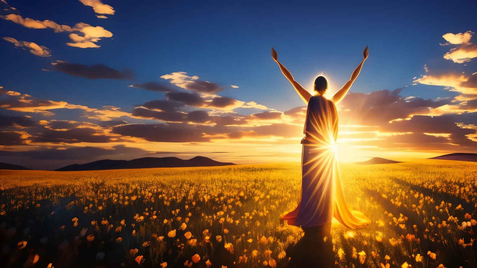A woman in a long dress standing in a field of flowers - SeaArt AI