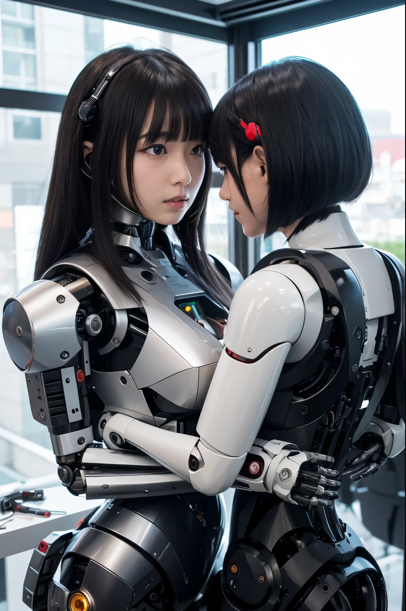 Two women in futuristic costumes are standing next to each other ...