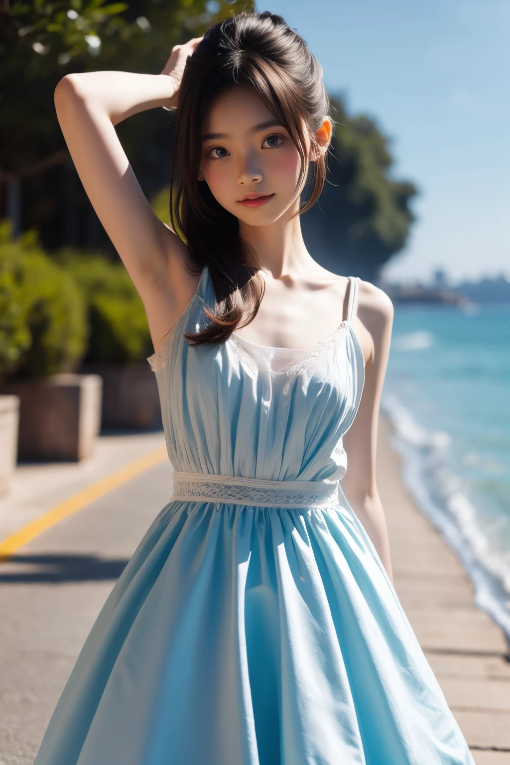 A woman in a blue dress standing on a sidewalk near the ocean - SeaArt AI