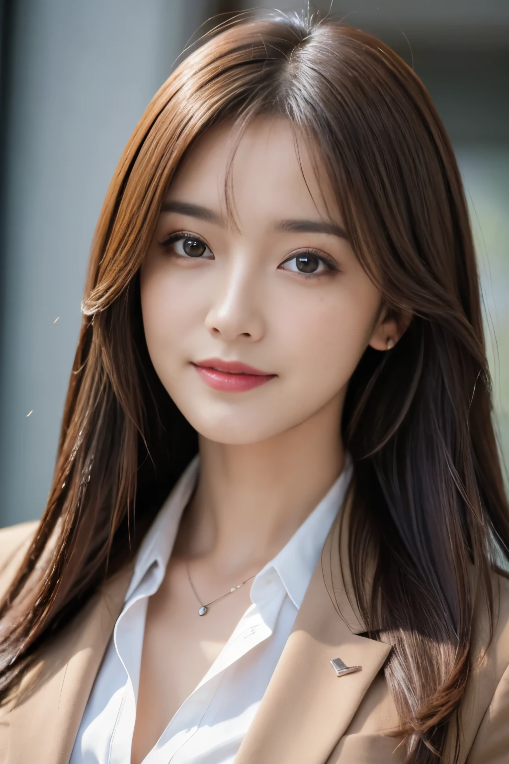 A woman with long brown hair wearing a white shirt and a tan jacket ...