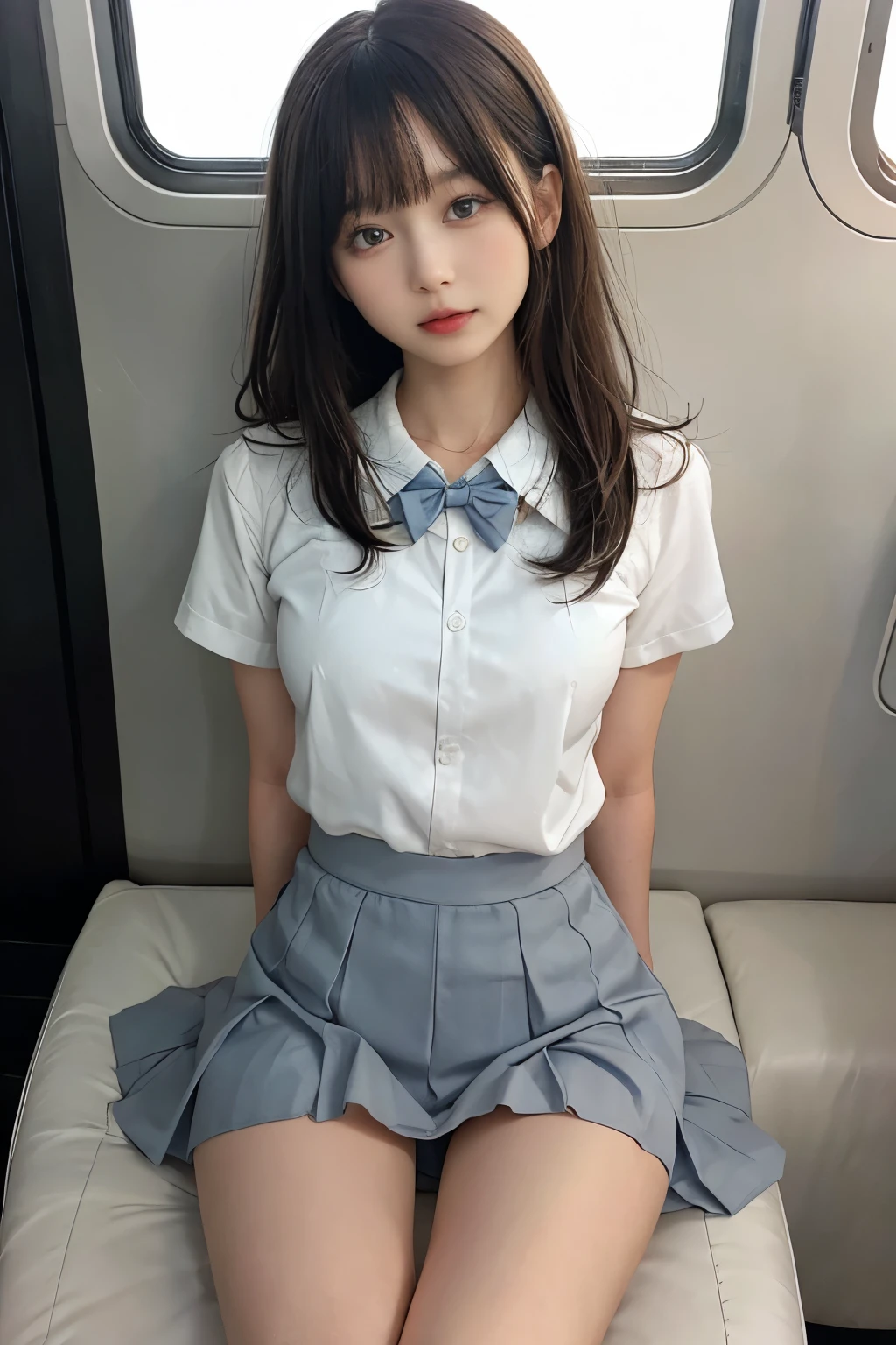 A close up of a woman sitting on a bench in a skirt - SeaArt AI