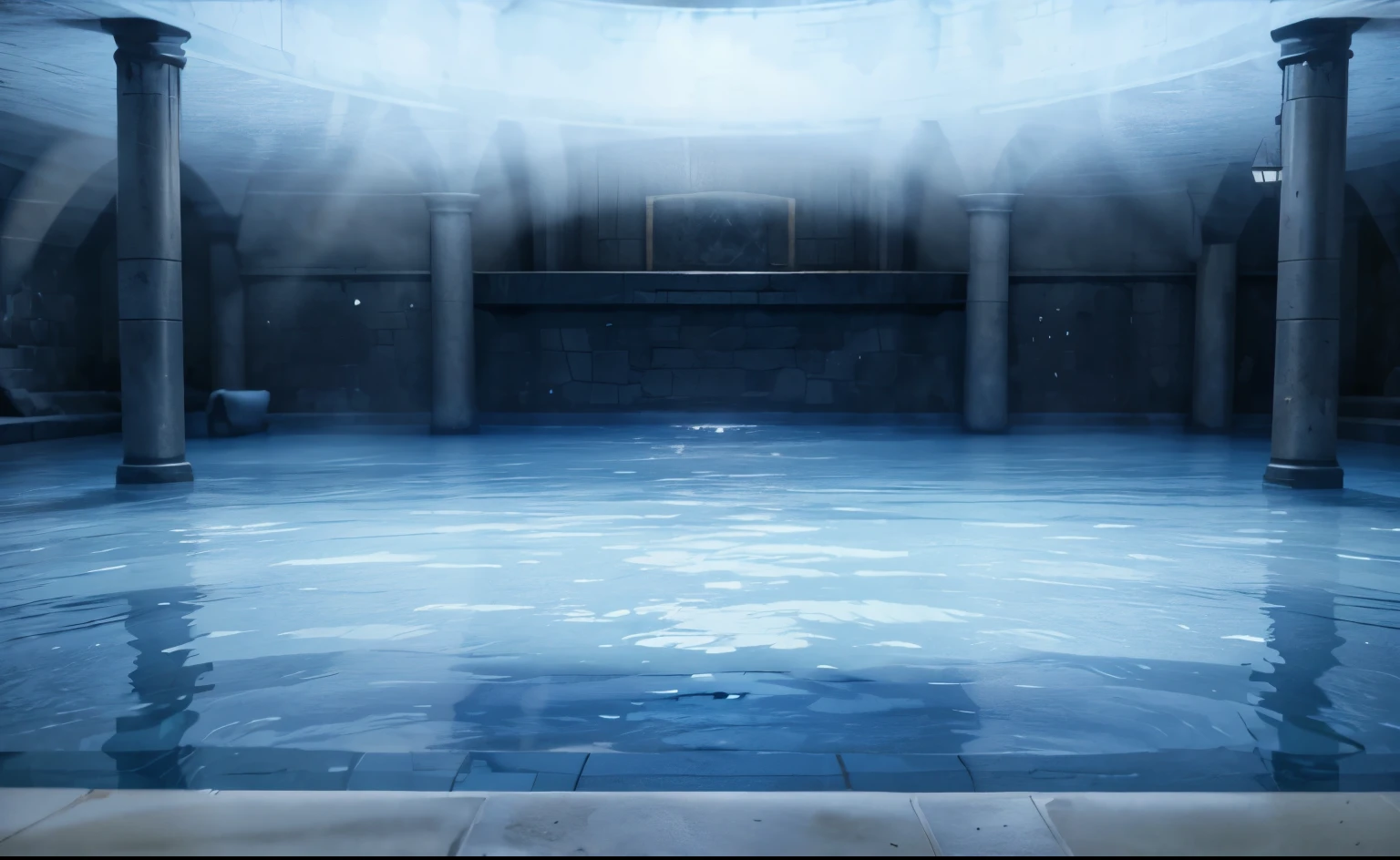 There is a pool with a blue water and columns in it - SeaArt AI