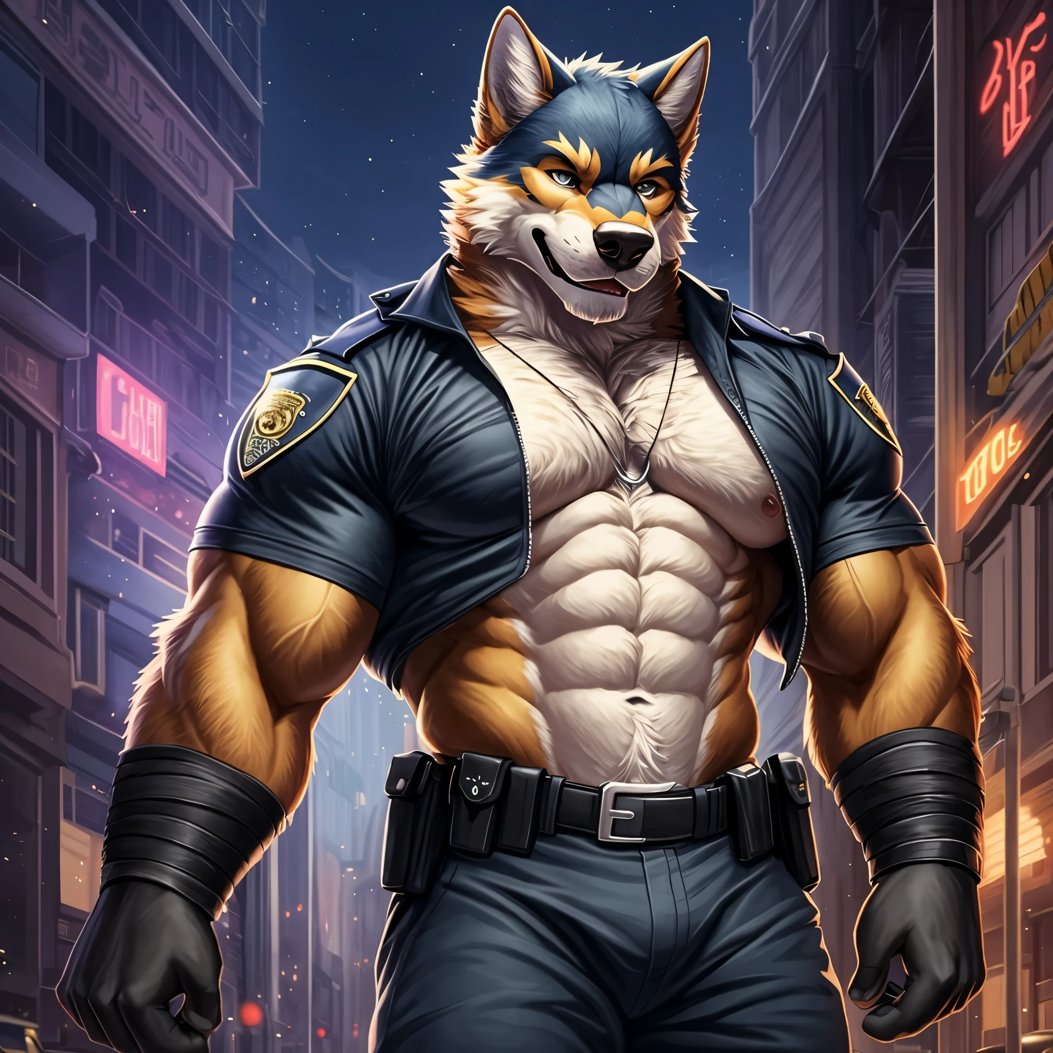 A close up of a man in a police uniform with a wolf on his chest ...