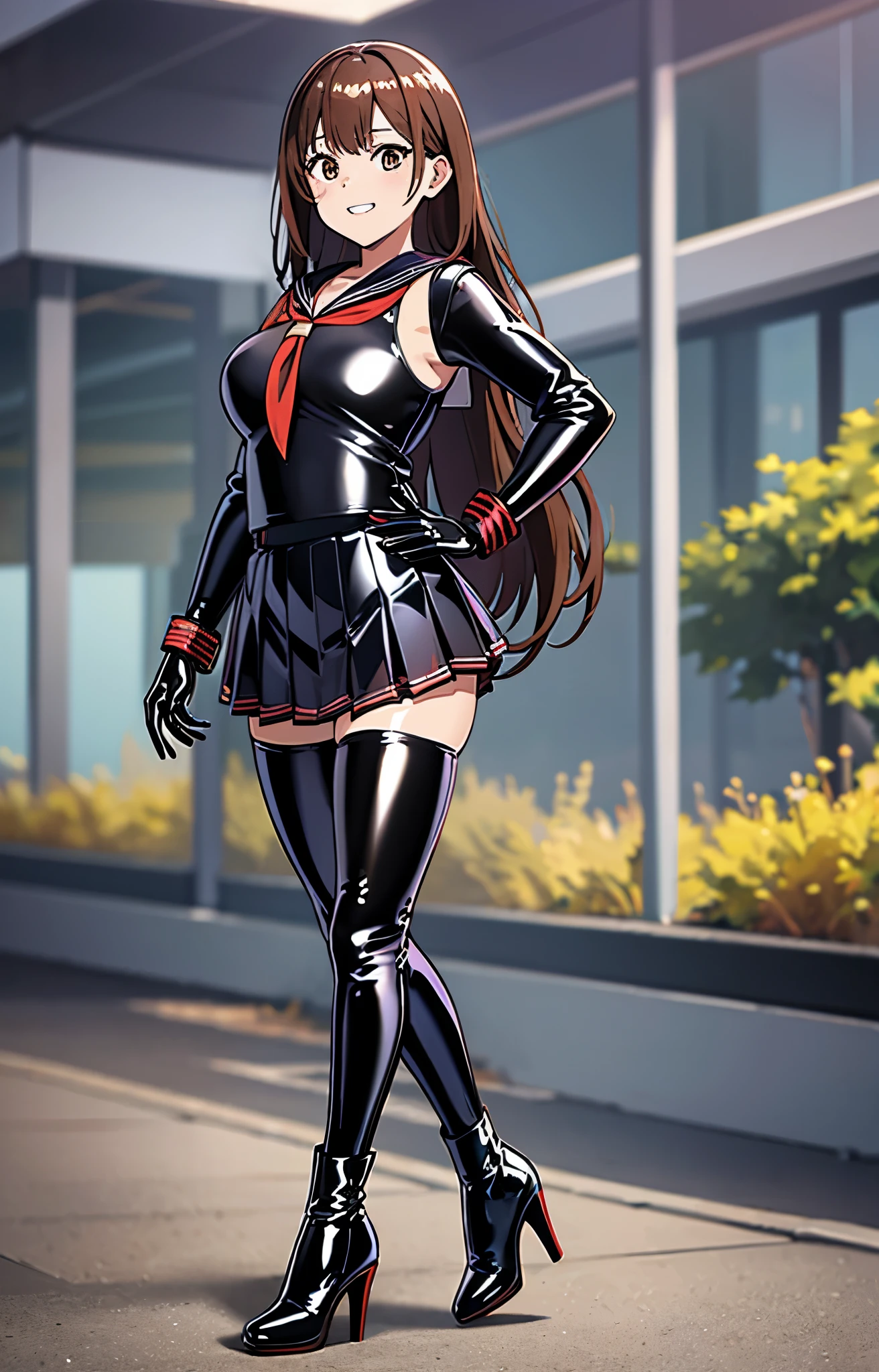 Anime girl in latex outfit standing in front of a building - SeaArt AI