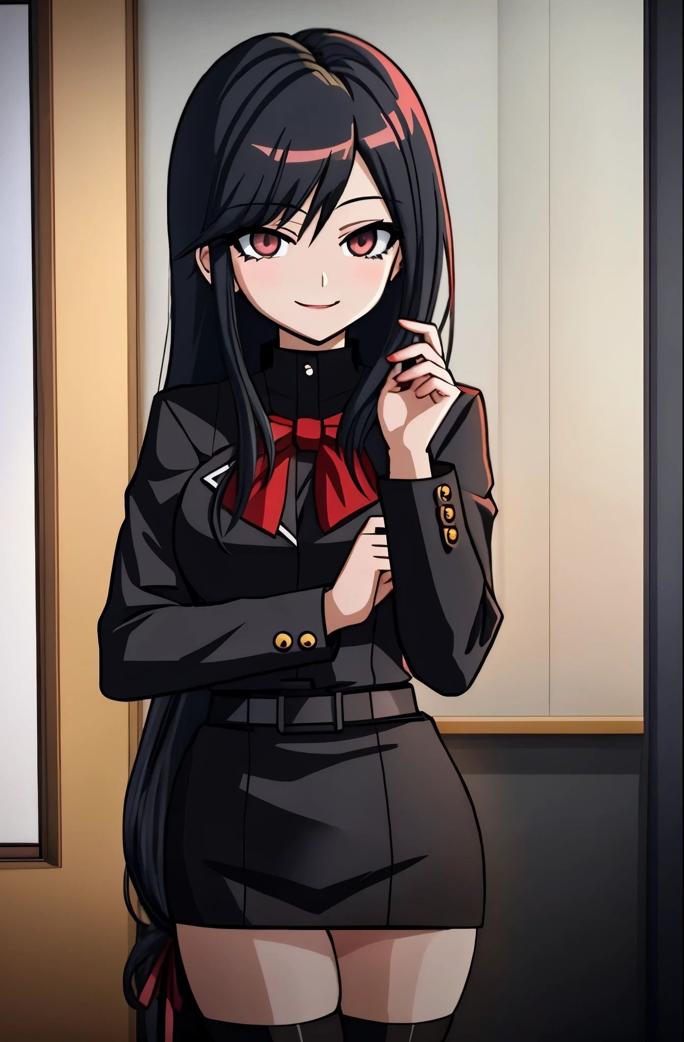 Anime girl in black outfit with red collar and black skirt - SeaArt AI