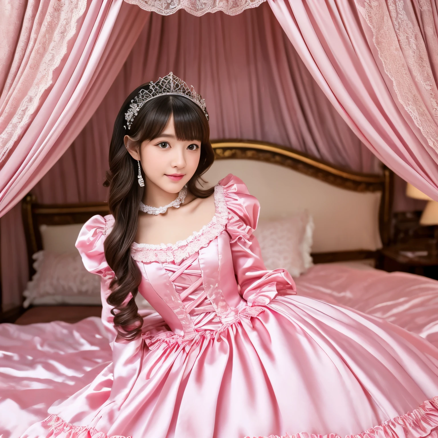 Araffe wearing a pink dress sitting on a bed with a pink canopy - SeaArt AI