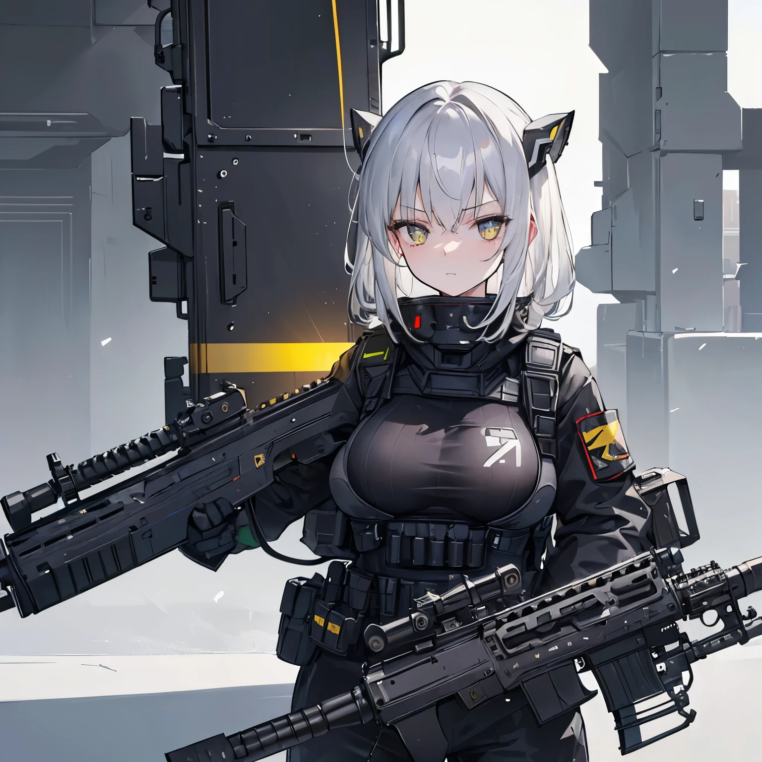 Anime character with gun and rifle in front of a futuristic city ...