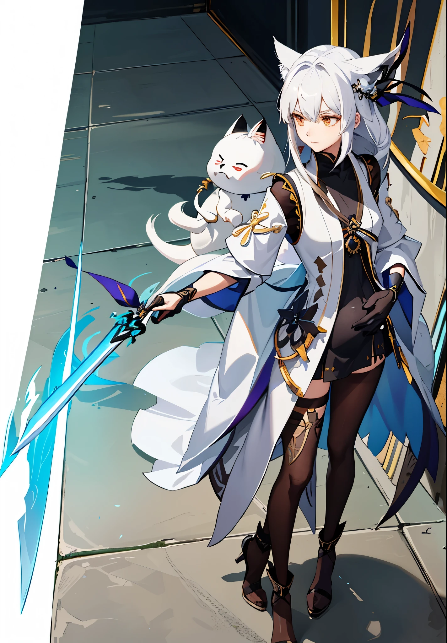 Anime character with sword and cat standing on sidewalk in front of ...