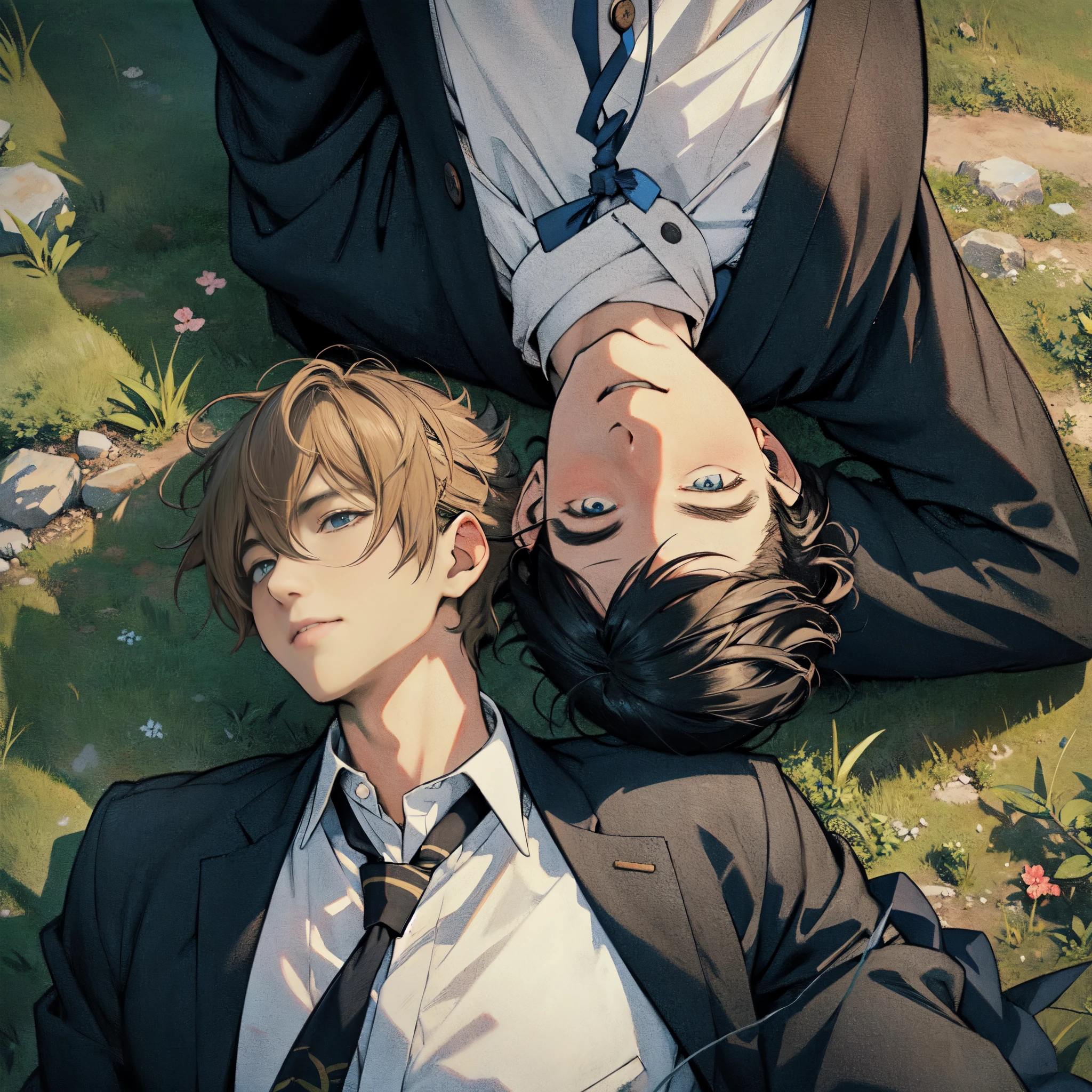 Anime image of two men laying on the ground with their heads together ...