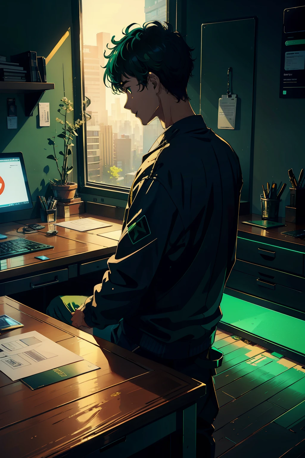 Anime boy sitting at a desk with a computer and a monitor - SeaArt AI