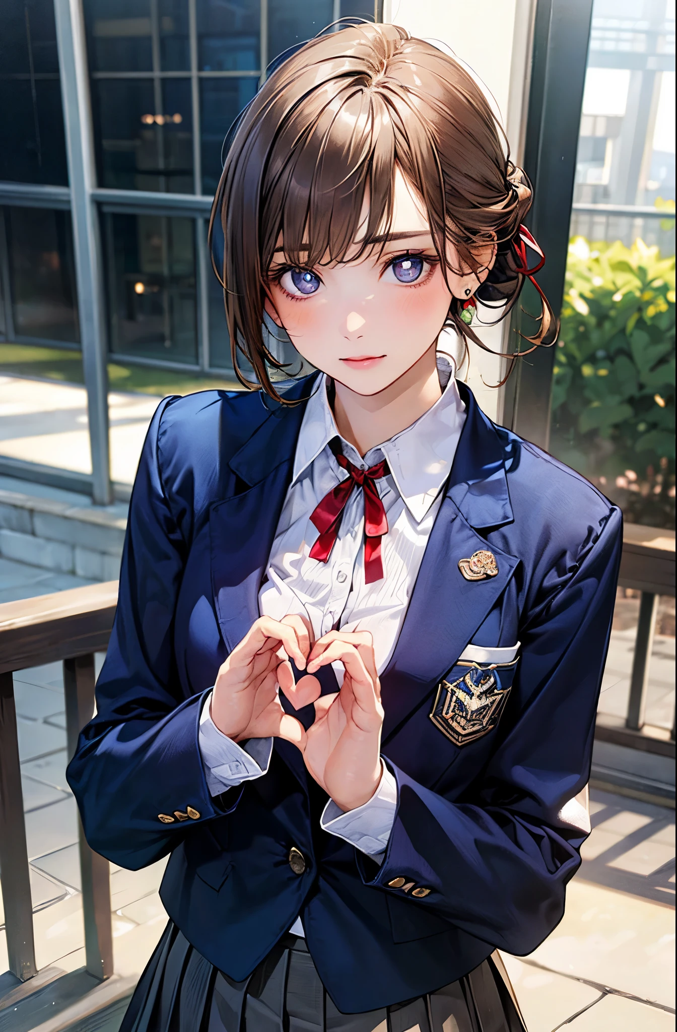 Anime girl in uniform posing for a picture in front of a building ...