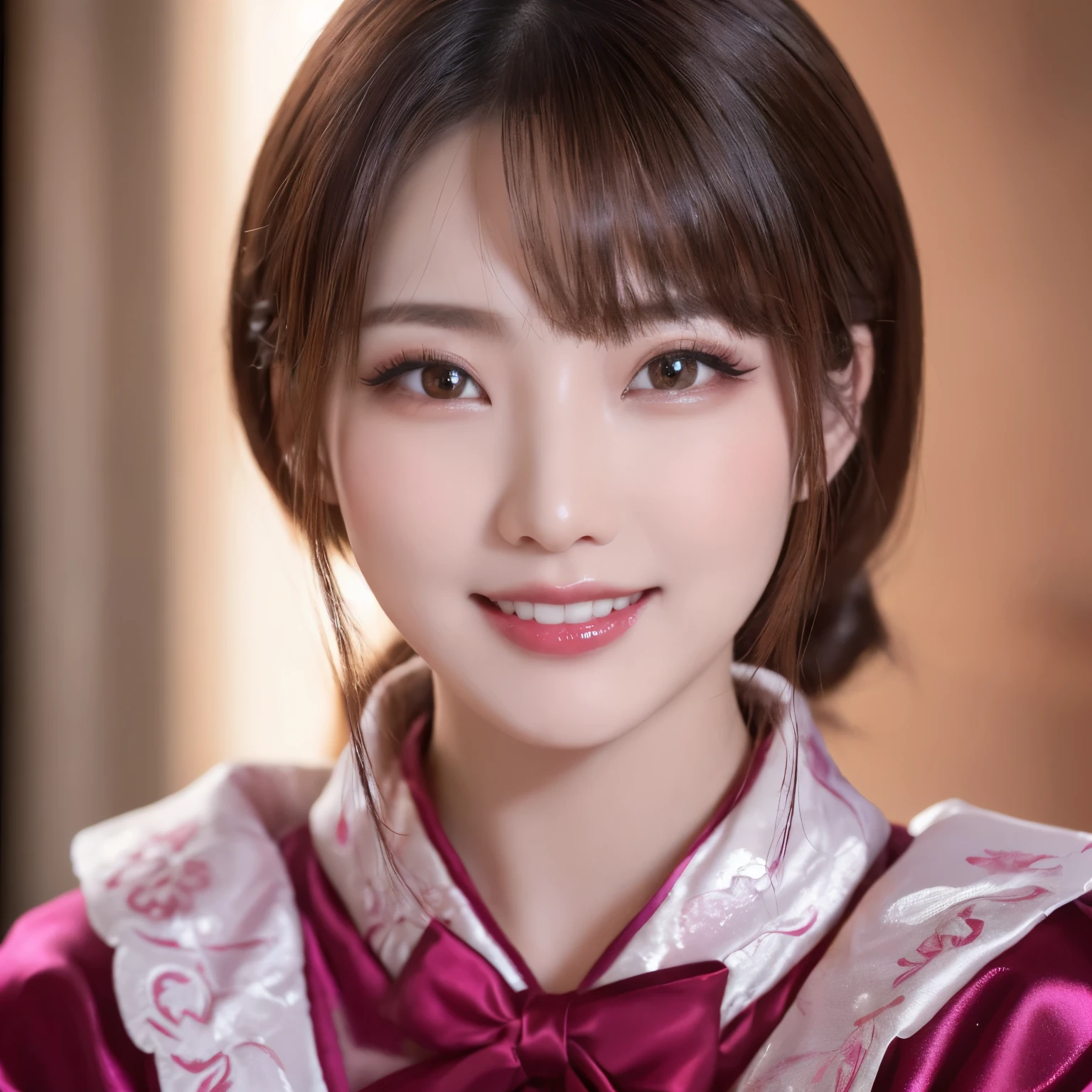 A close up of a woman wearing a pink dress and a bow tie - SeaArt AI