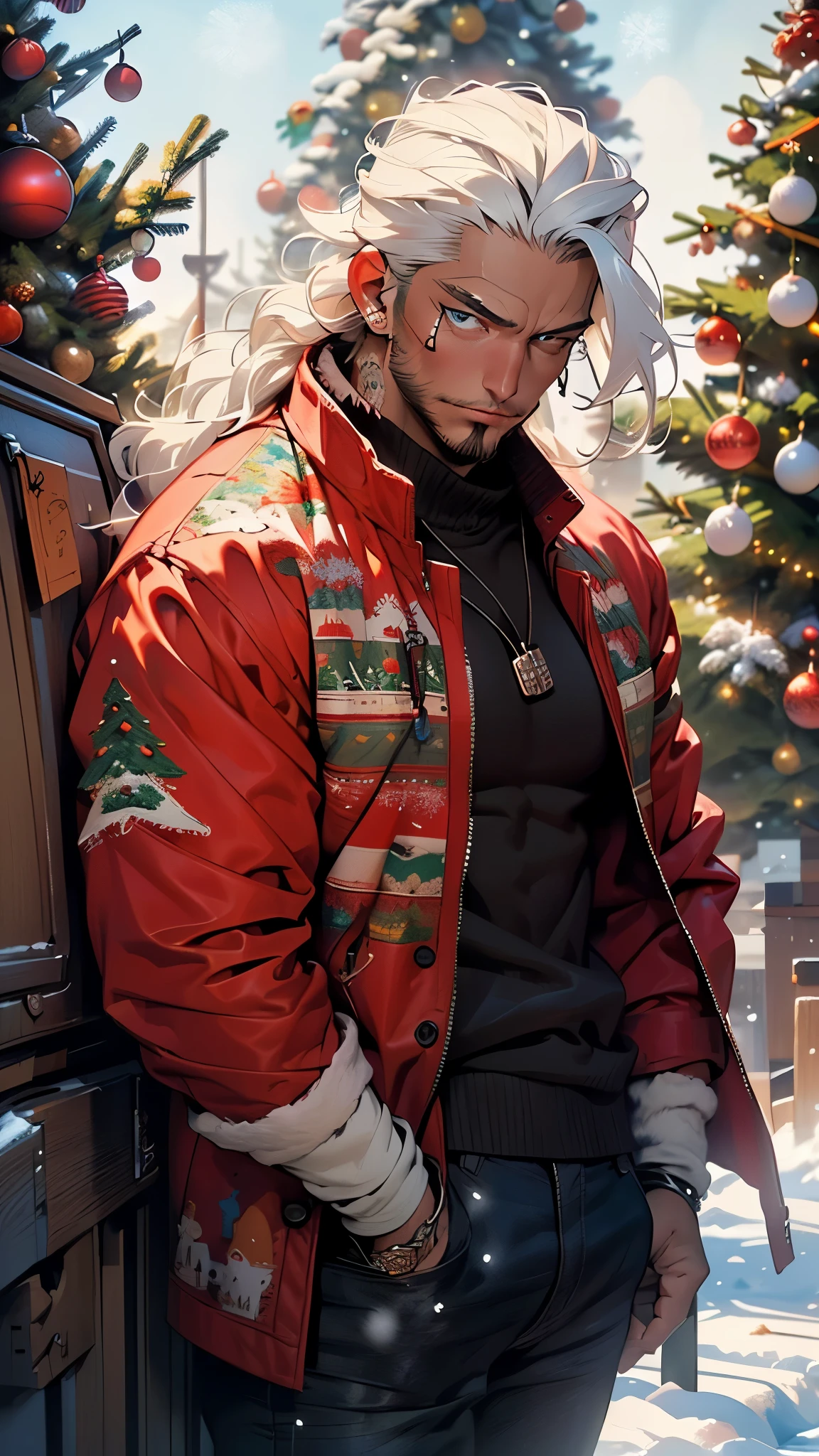 A close up of a person standing near a car near a christmas tree ...