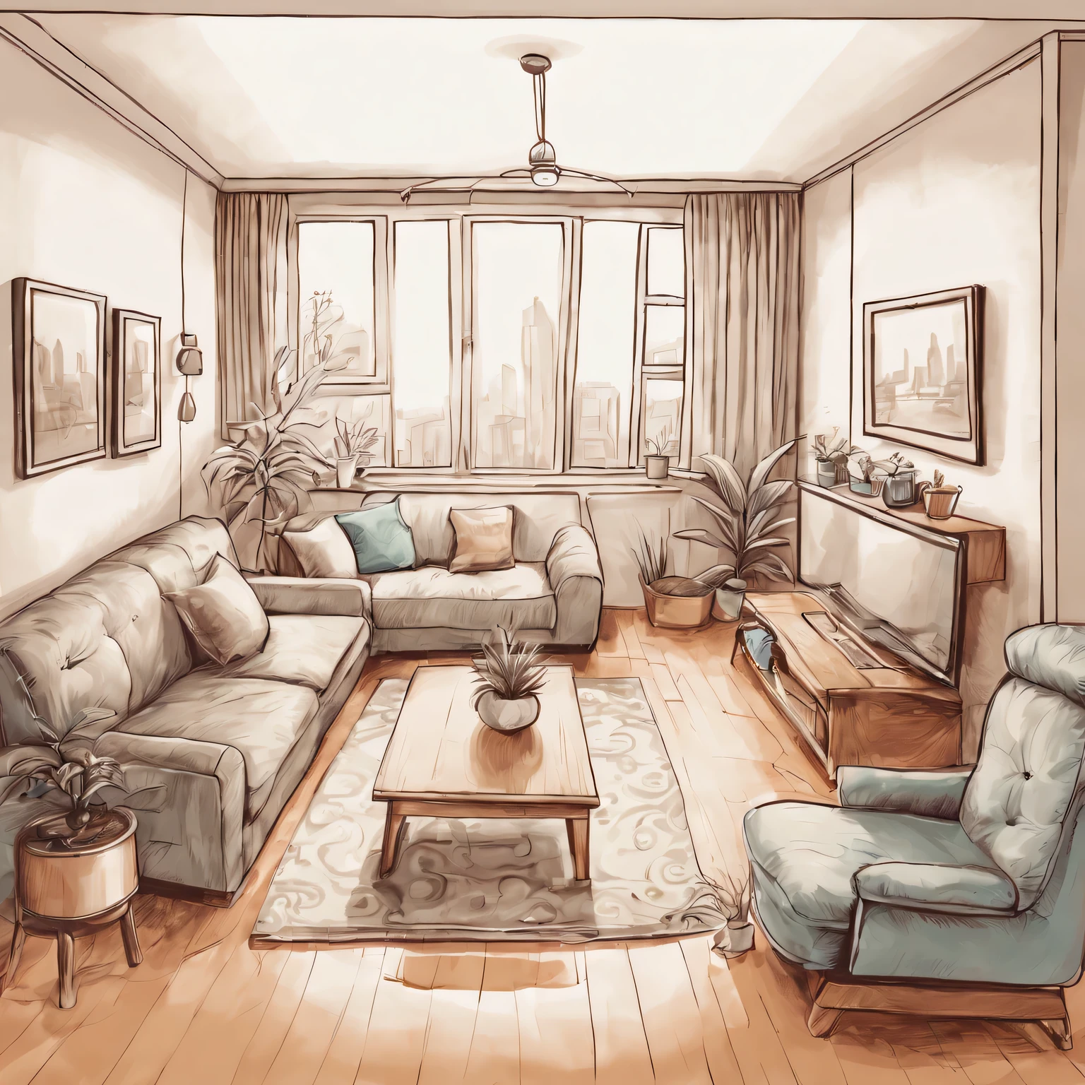 A drawing of a living room with a couch - SeaArt AI