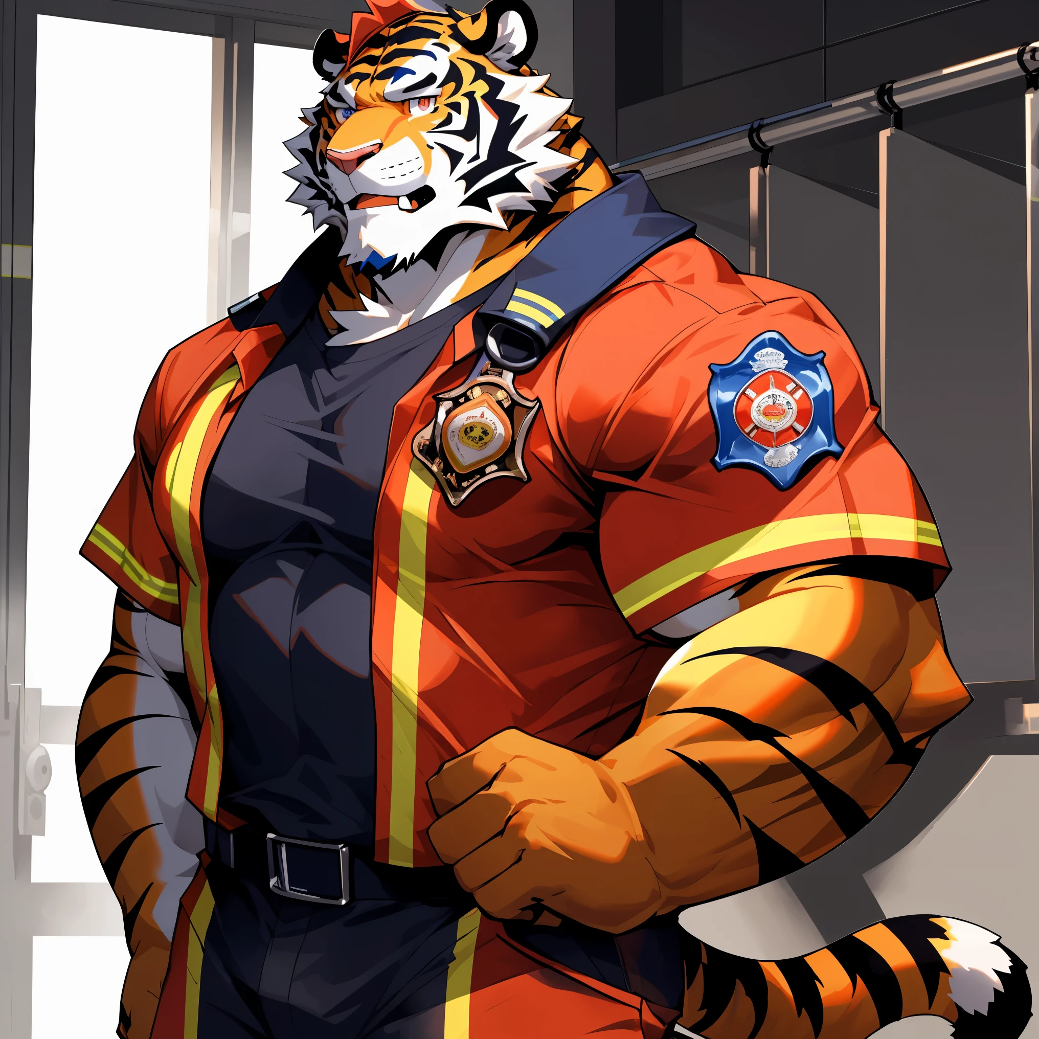 Anime character of a tiger with a fireman's uniform and a fire hose ...