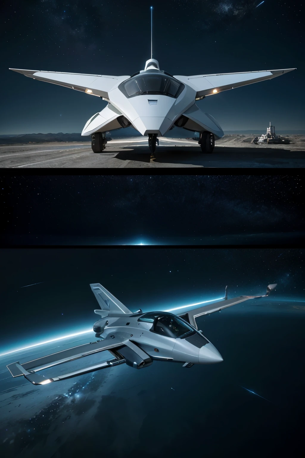 A couple of pictures of a jet flying over a space station - SeaArt AI