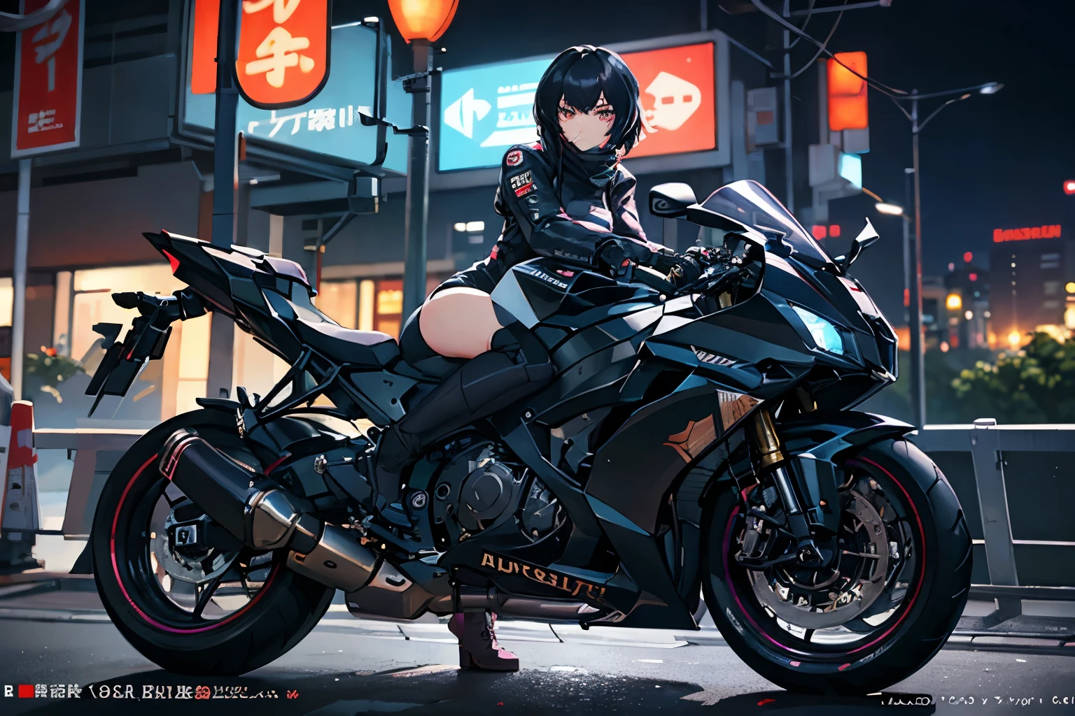 Anime girl sitting on a motorcycle in a city at night - SeaArt AI
