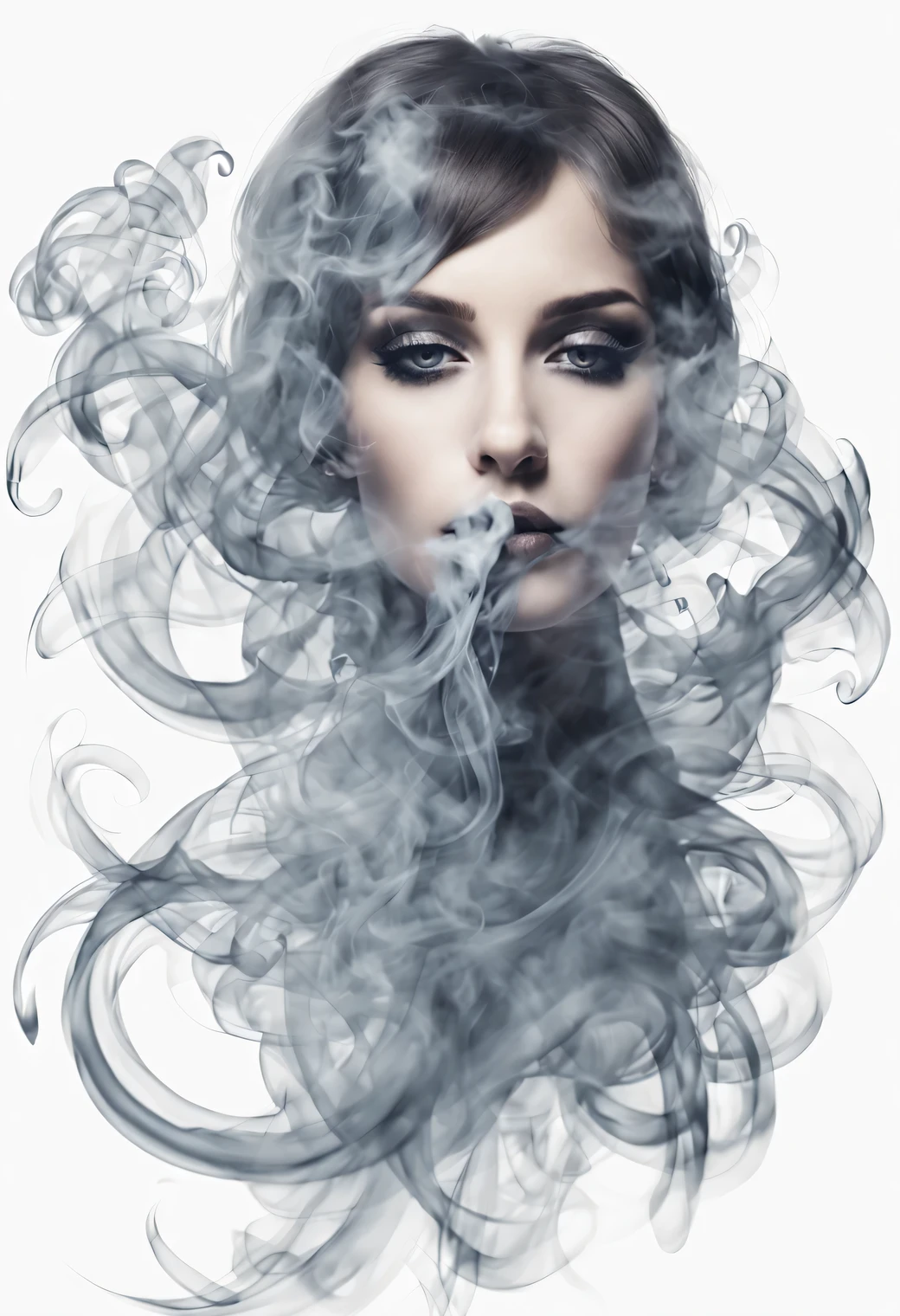 A woman with smoke coming out of her face and a cigarette in her mouth ...