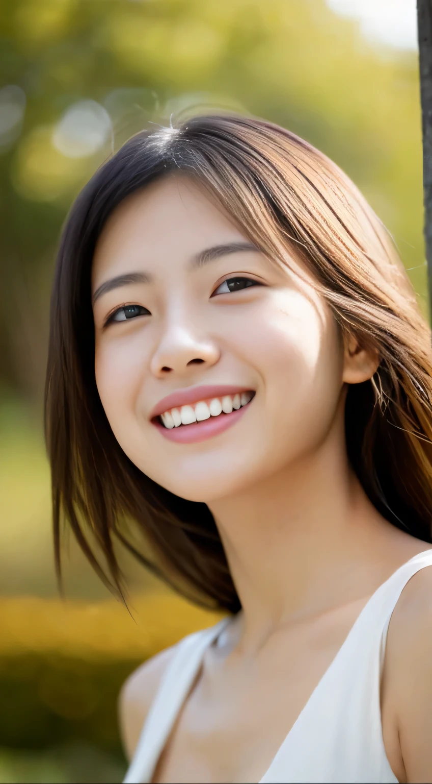 A close up of a woman smiling with a tree in the background - SeaArt AI