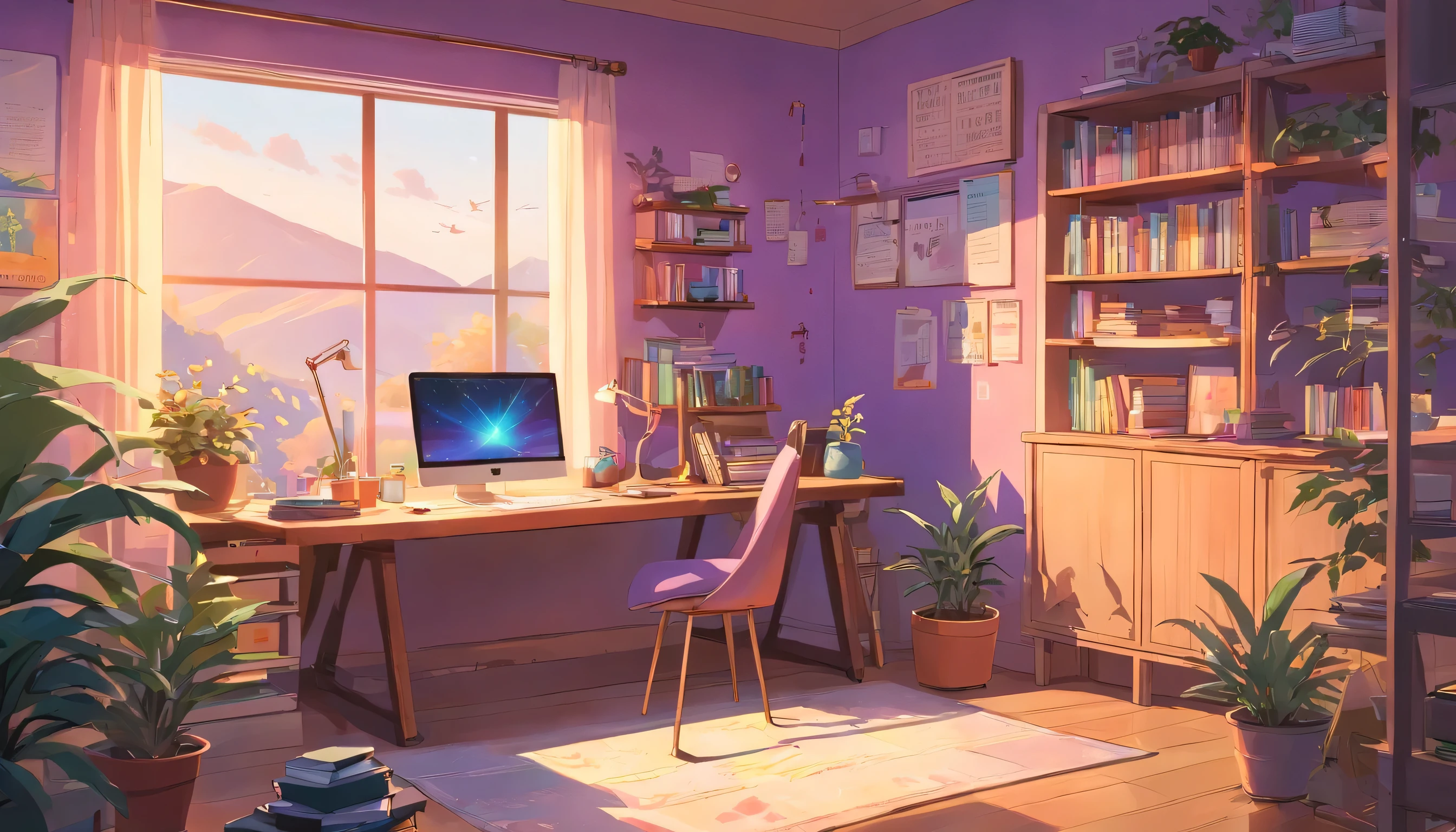 There is a computer on a desk in a room with a book shelf - SeaArt AI