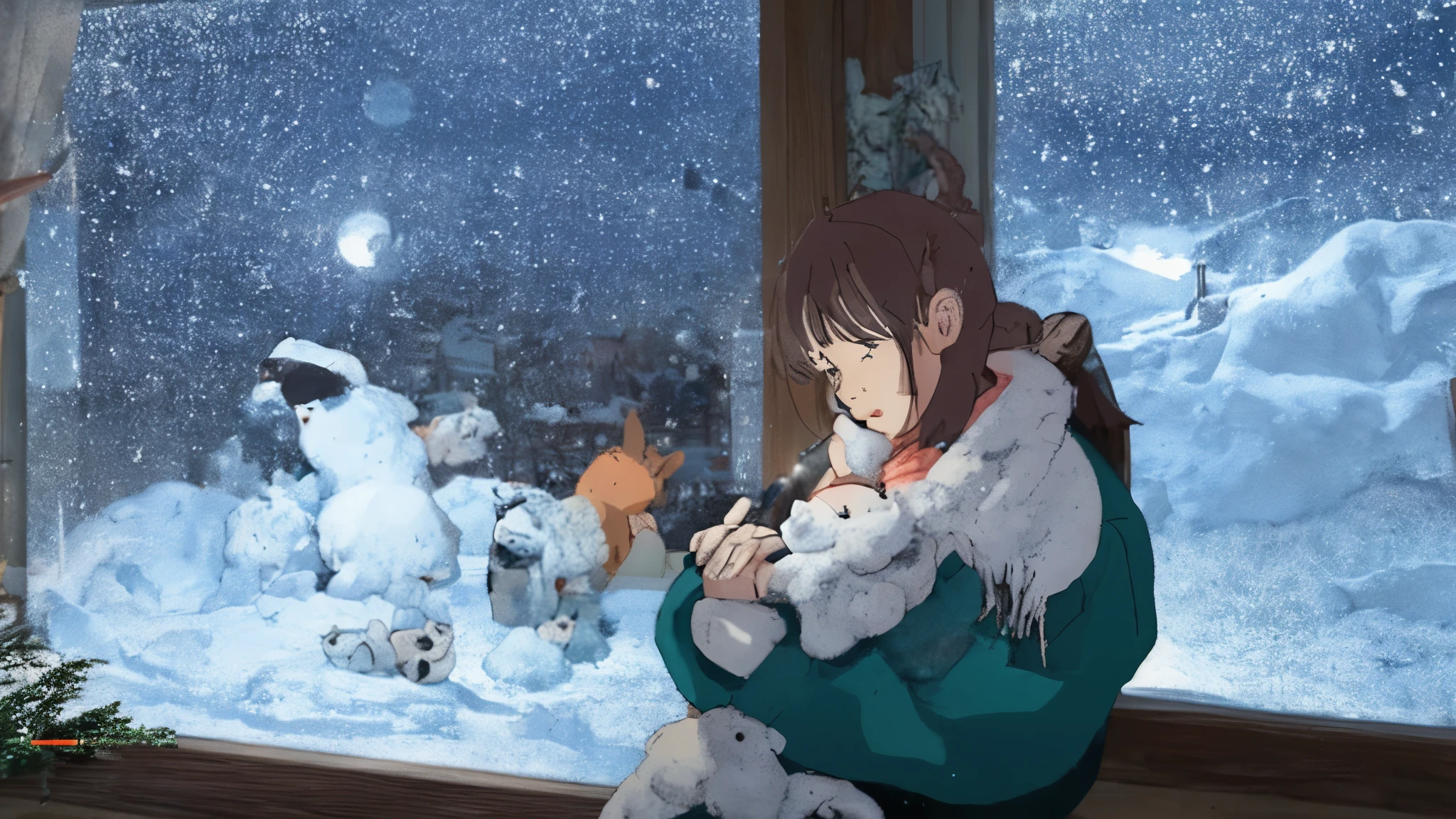 Anime girl sitting on a window sill with a stuffed animal - SeaArt AI