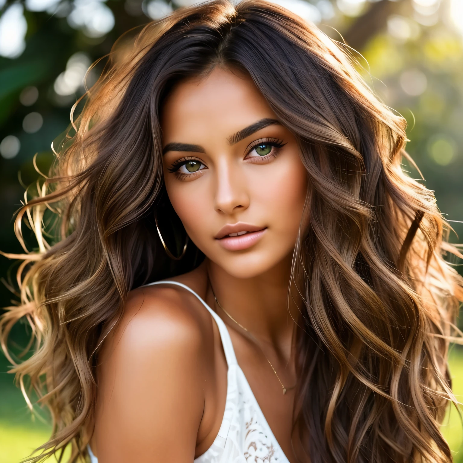 A woman with long brown hair and a white top - SeaArt AI