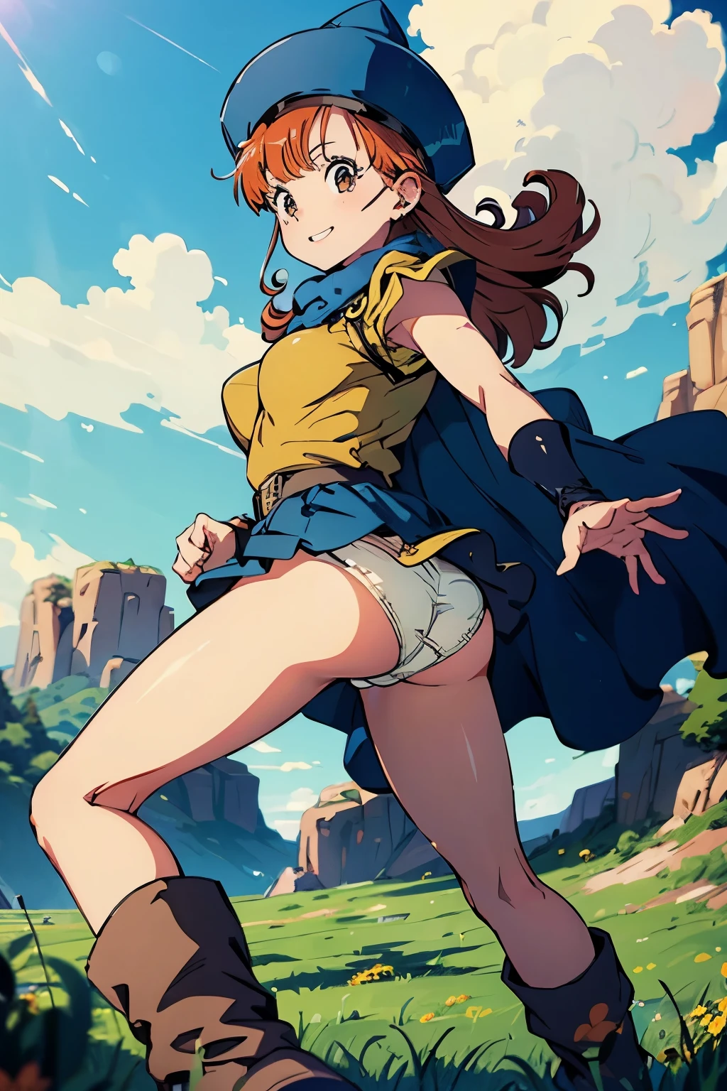 A woman in a hat and shorts is walking through a field - SeaArt AI