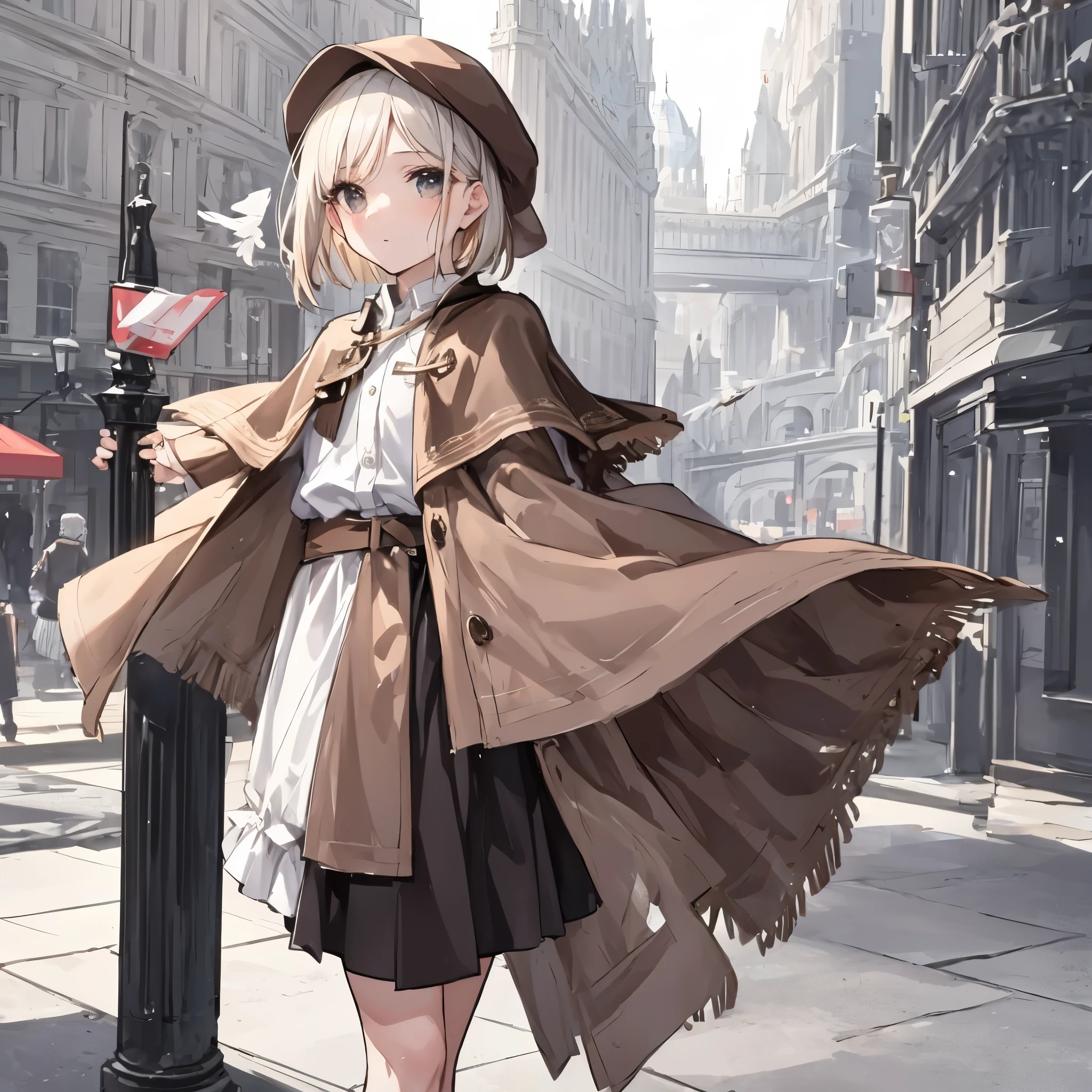Anime girl in a brown coat and hat standing on a city street - SeaArt AI
