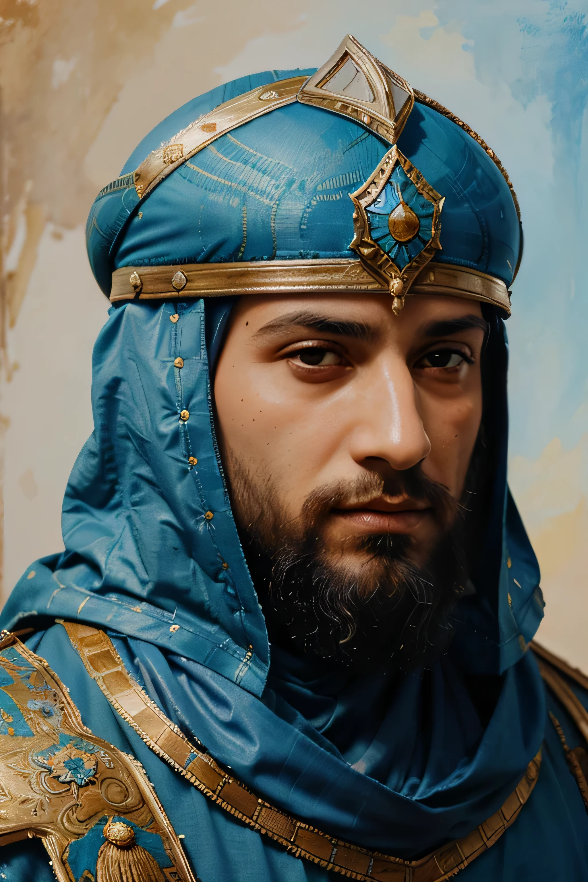 A close up of a man wearing a blue headdress and a blue scarf - SeaArt AI