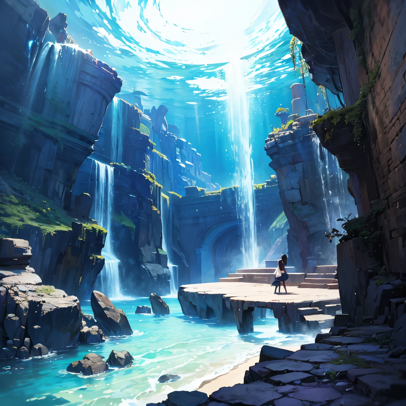 Anime scenery of a man standing on a cliff overlooking a waterfall ...