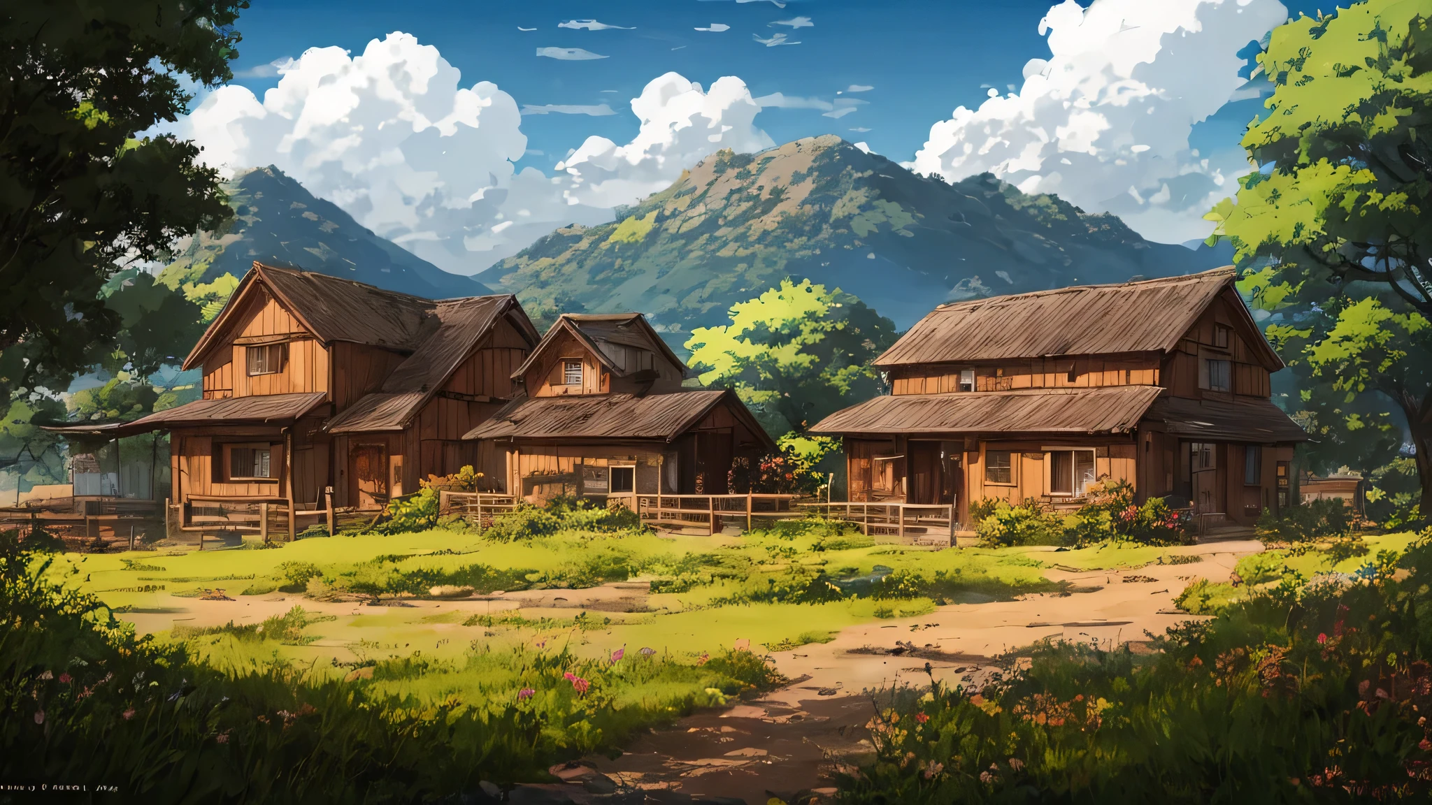Painting of a rural scene with a house and a mountain - SeaArt AI