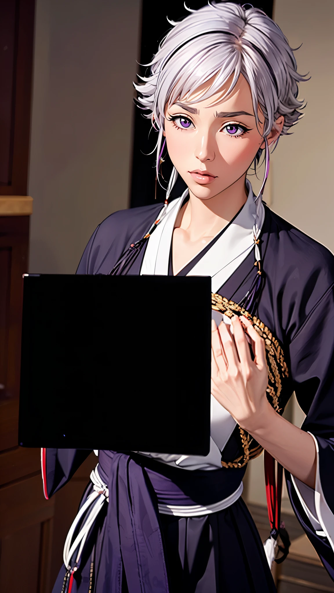 Anime character with white hair holding a laptop computer - SeaArt AI