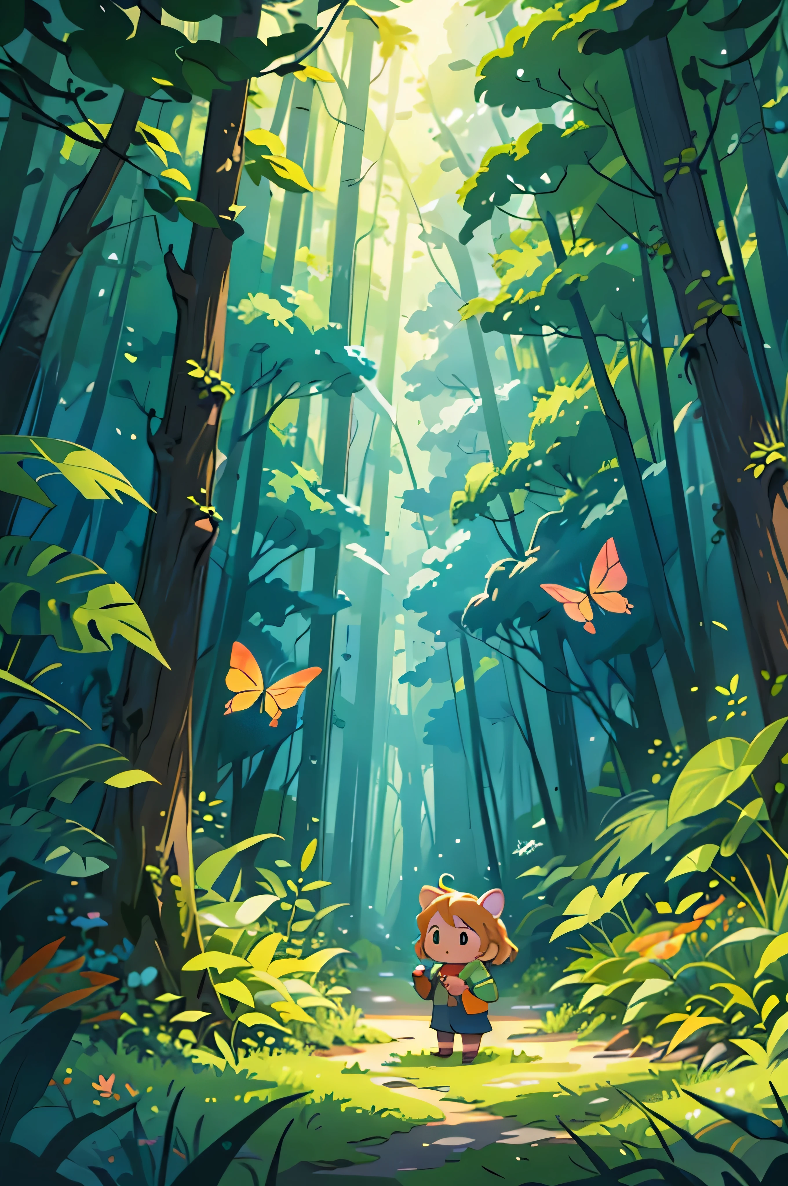 A cartoon girl in a forest with butterflies flying around her - SeaArt AI