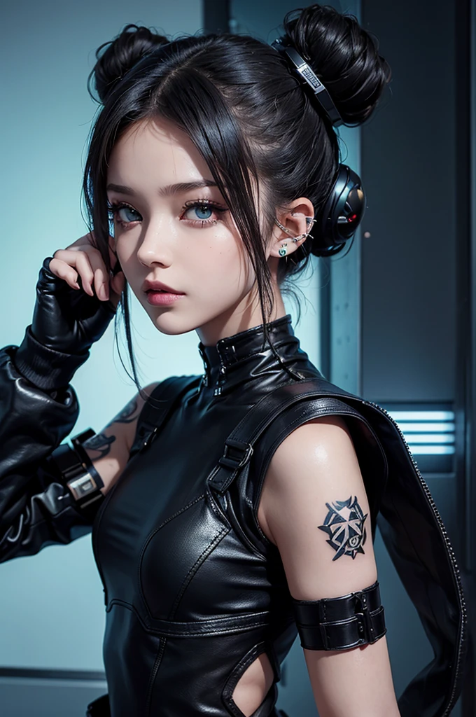 Beautiful teen and a cyber punk outfit. Tattoos. Some piercings - SeaArt AI