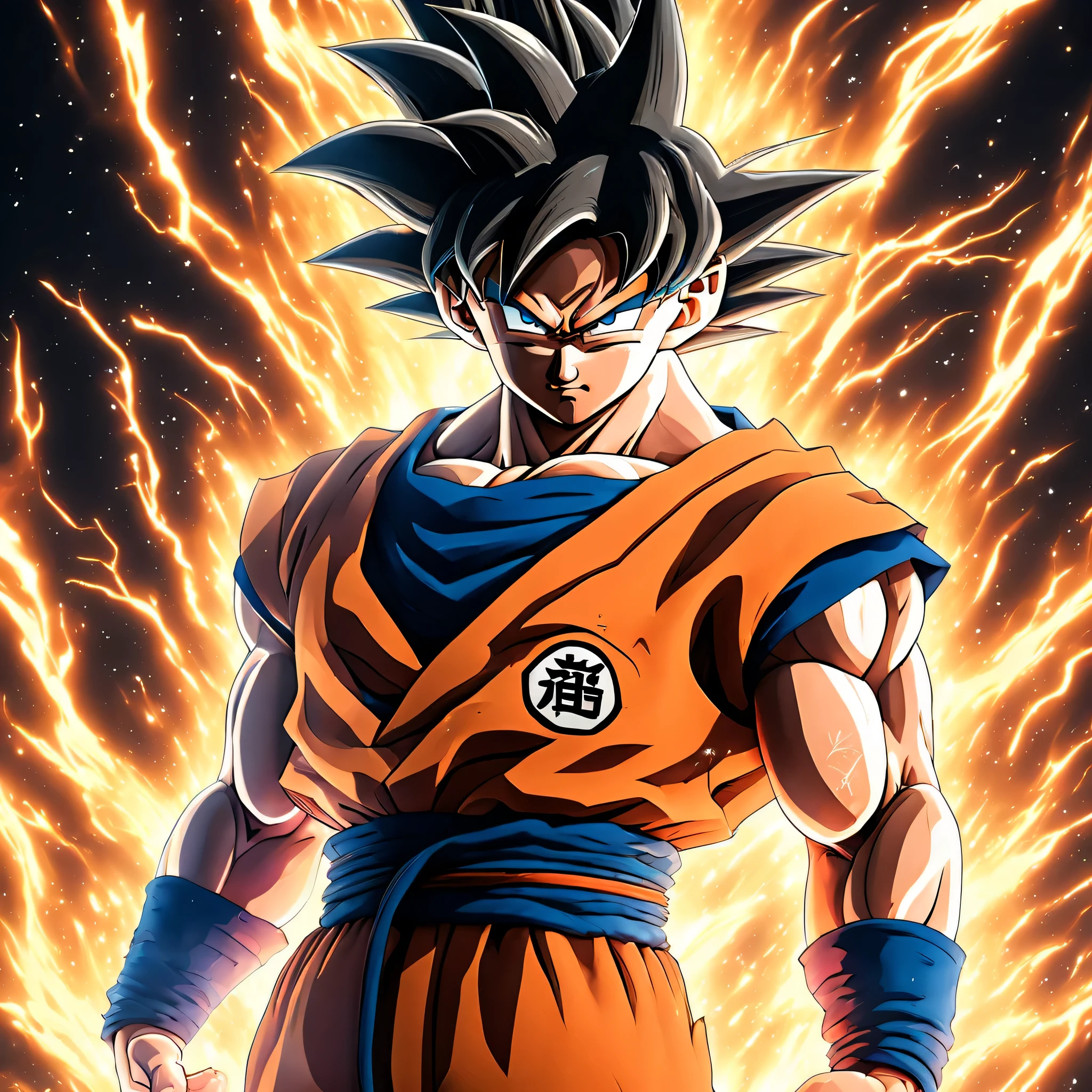 A cartoon image of a young gohan with a fiery background - SeaArt AI
