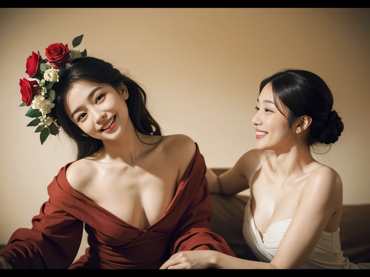 Two women in dresses sitting on a couch with flowers in their hair - SeaArt AI