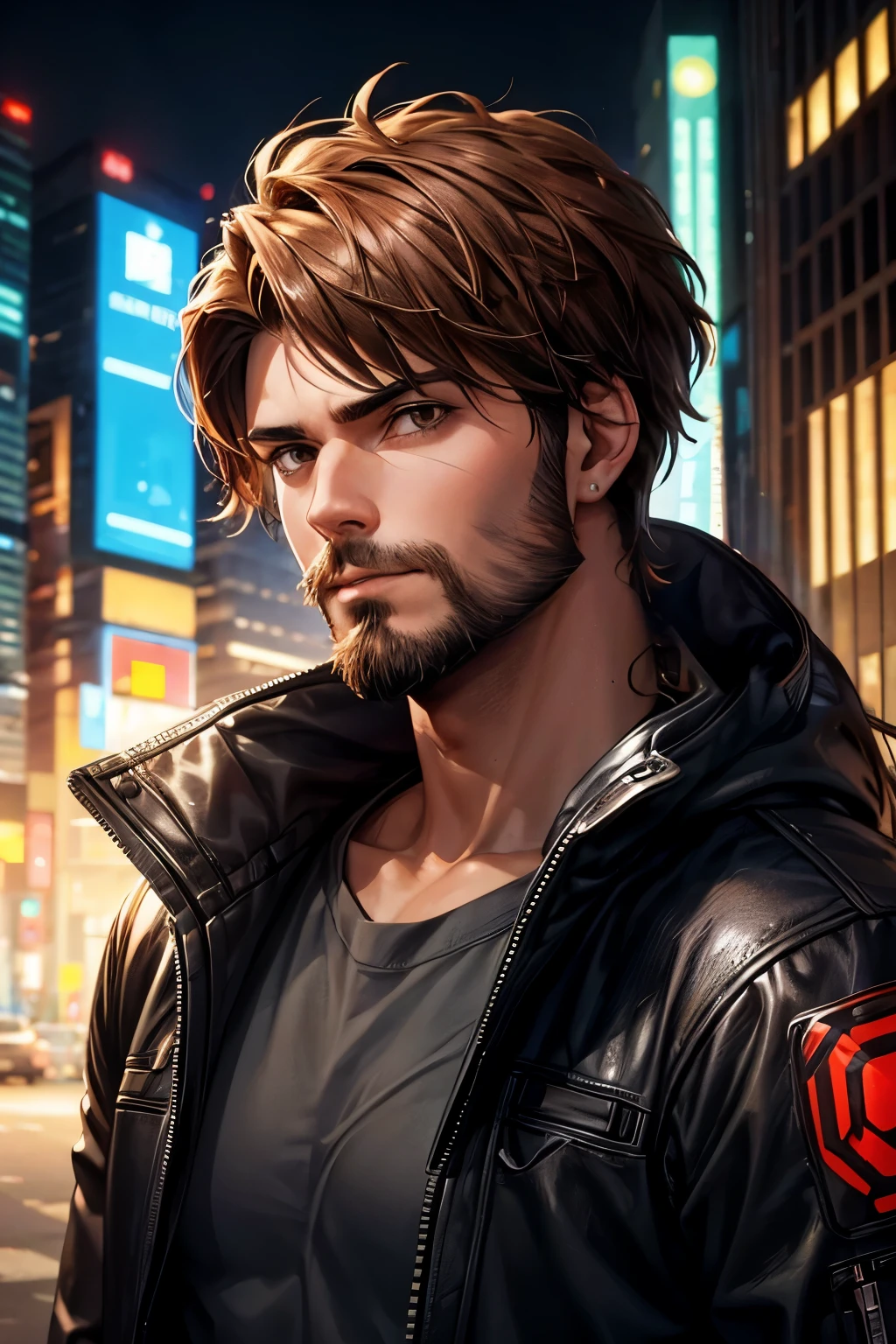 A man with a beard and a leather jacket standing in the middle of a ...