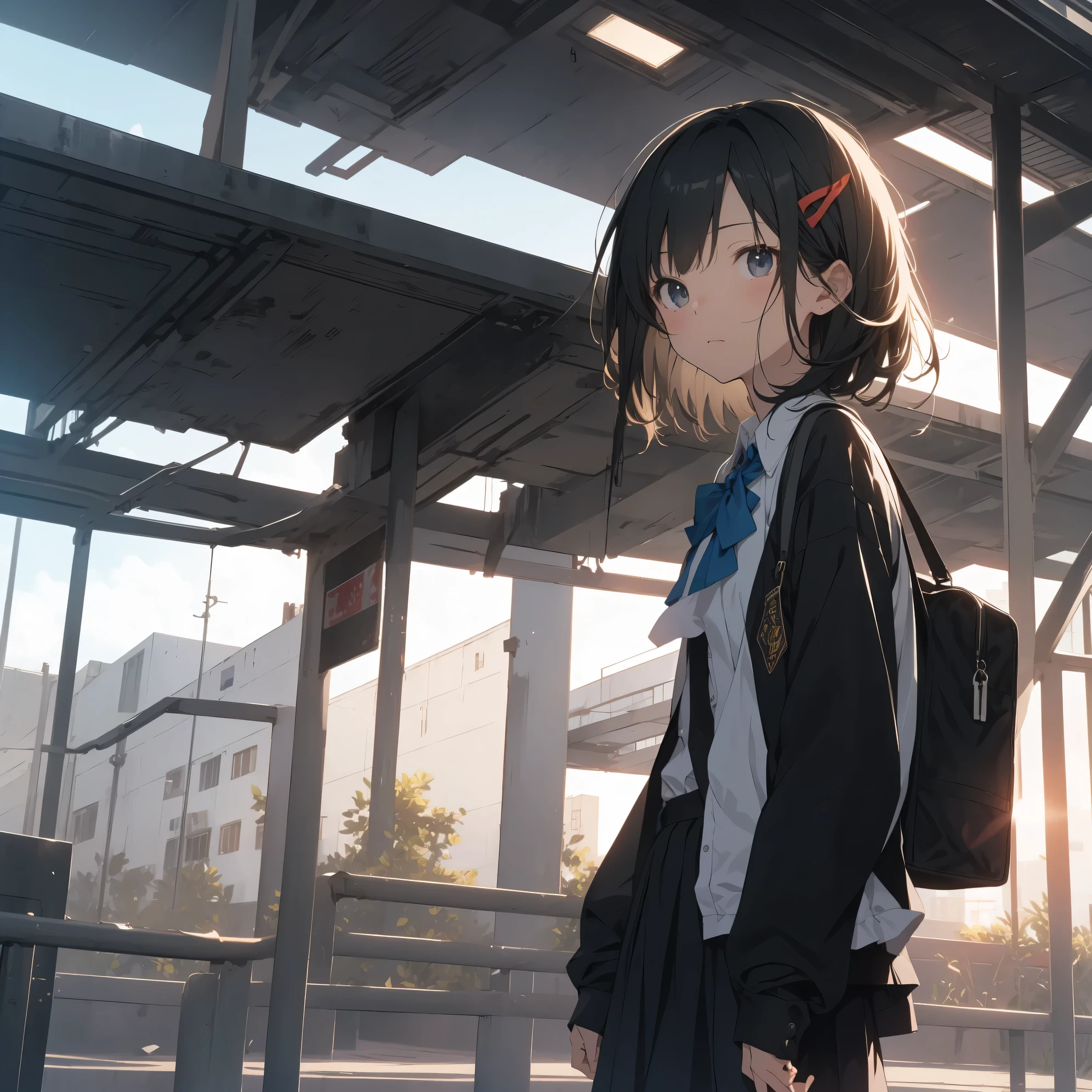 Anime girl with backpack standing in front of a train station - SeaArt AI