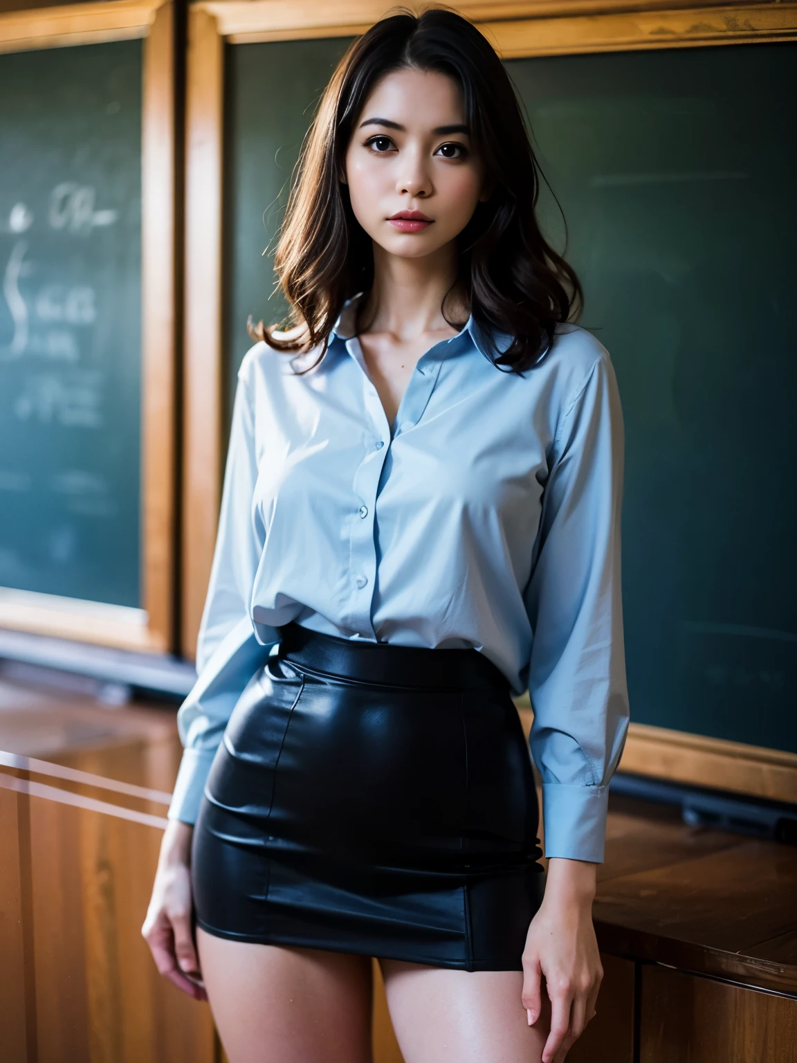 A close up of a woman in a skirt and shirt posing for a picture - SeaArt AI